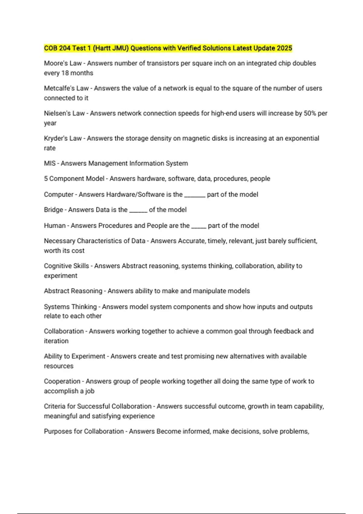 COB 204 Test 1 (Hartt JMU) Questions with Verified Solutions Latest ...