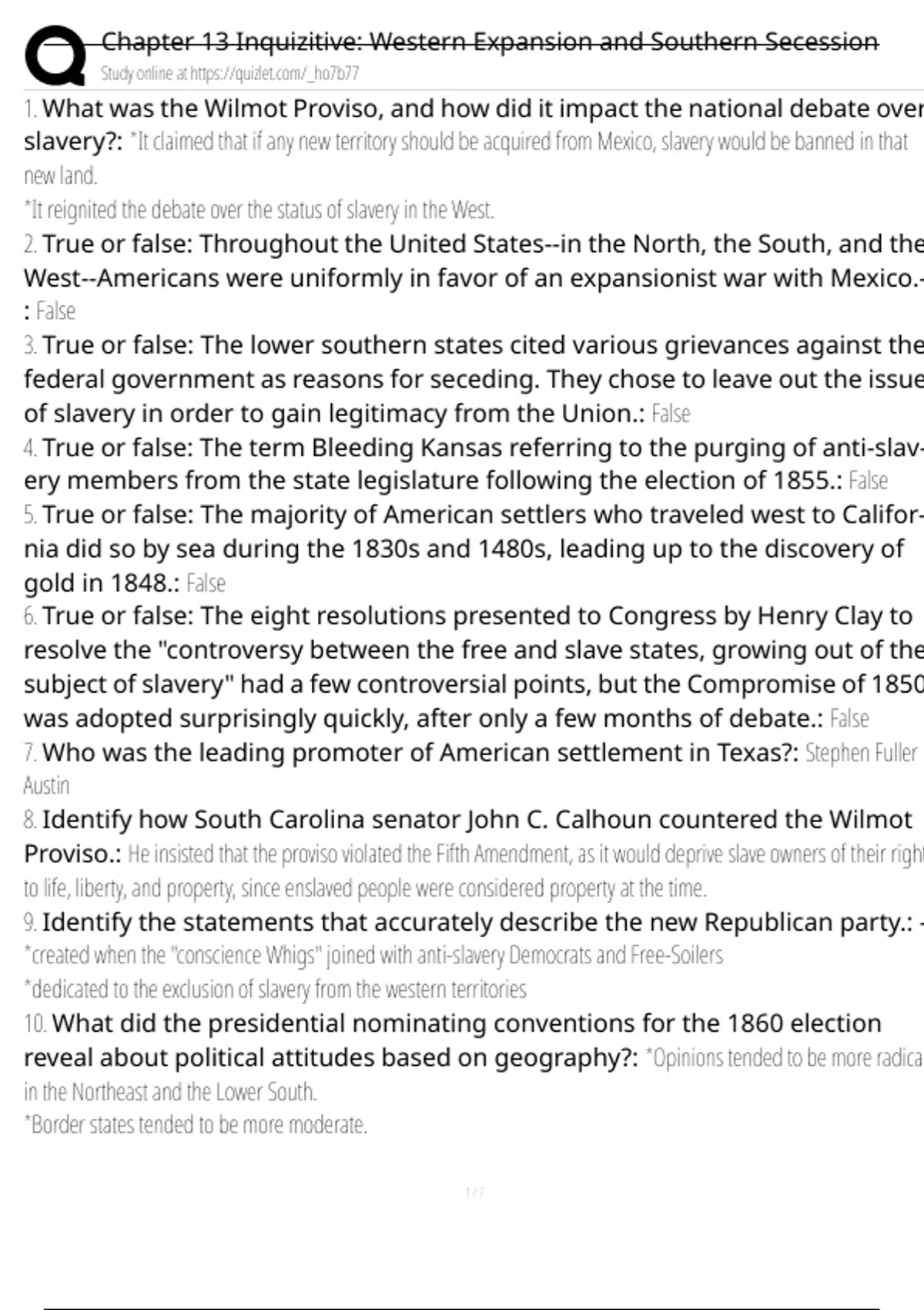 Chapter 13 Inquizitive: Western Expansion and Southern Secession Exam ...