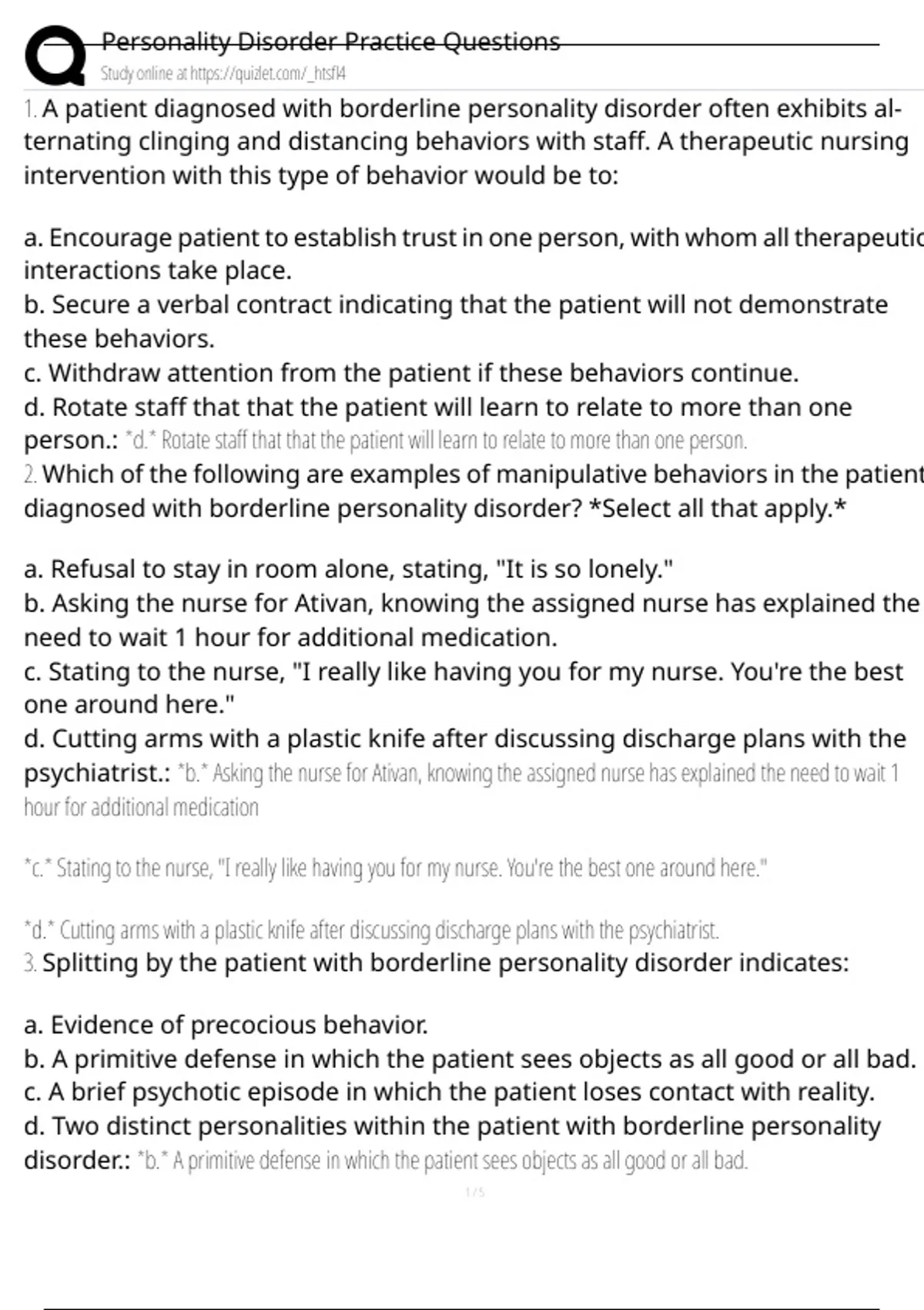 Personality Disorder Practice Questions Exam Questions and Answers 100% ...