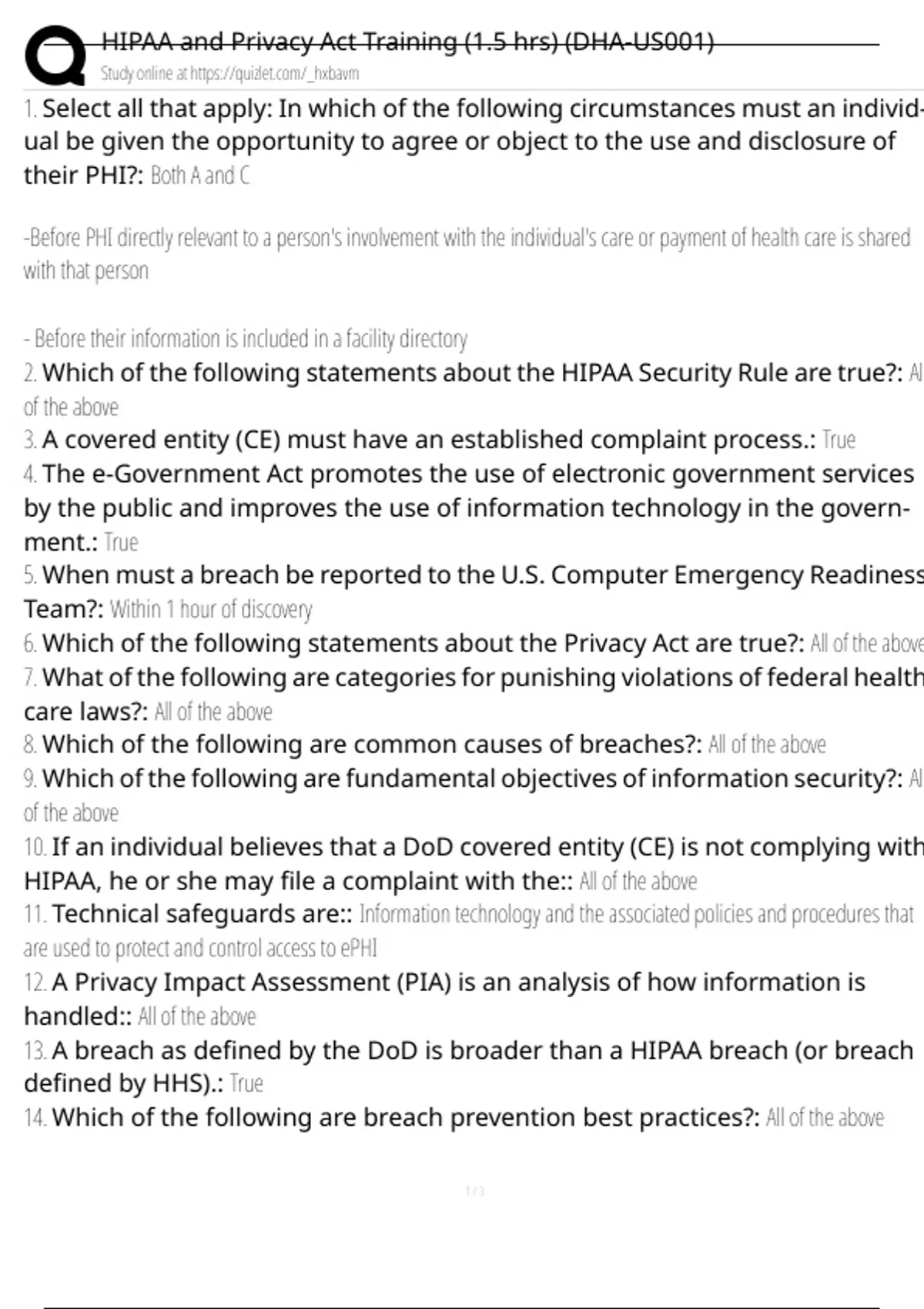 HIPAA and Privacy Act Training (1.5 hrs) (DHA-US001) Exam Questions and ...