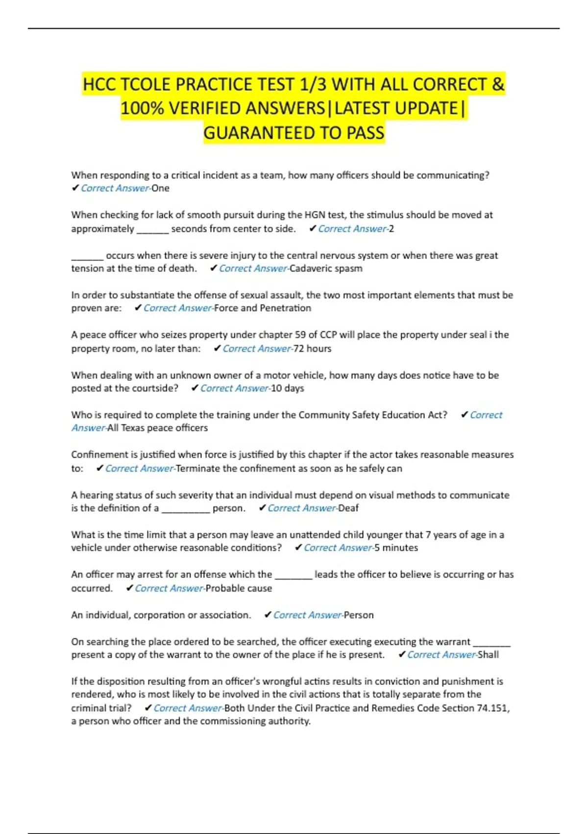 HCC TCOLE PRACTICE TEST 1/3 WITH ALL CORRECT & 100% VERIFIED ANSWERS ...