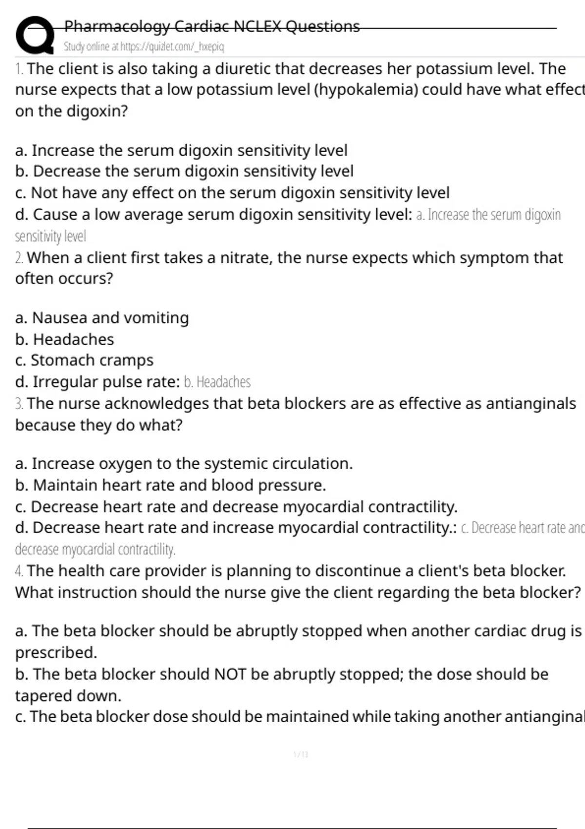 Pharmacology Cardiac NCLEX Questions Exam Questions and Answers 100% ...