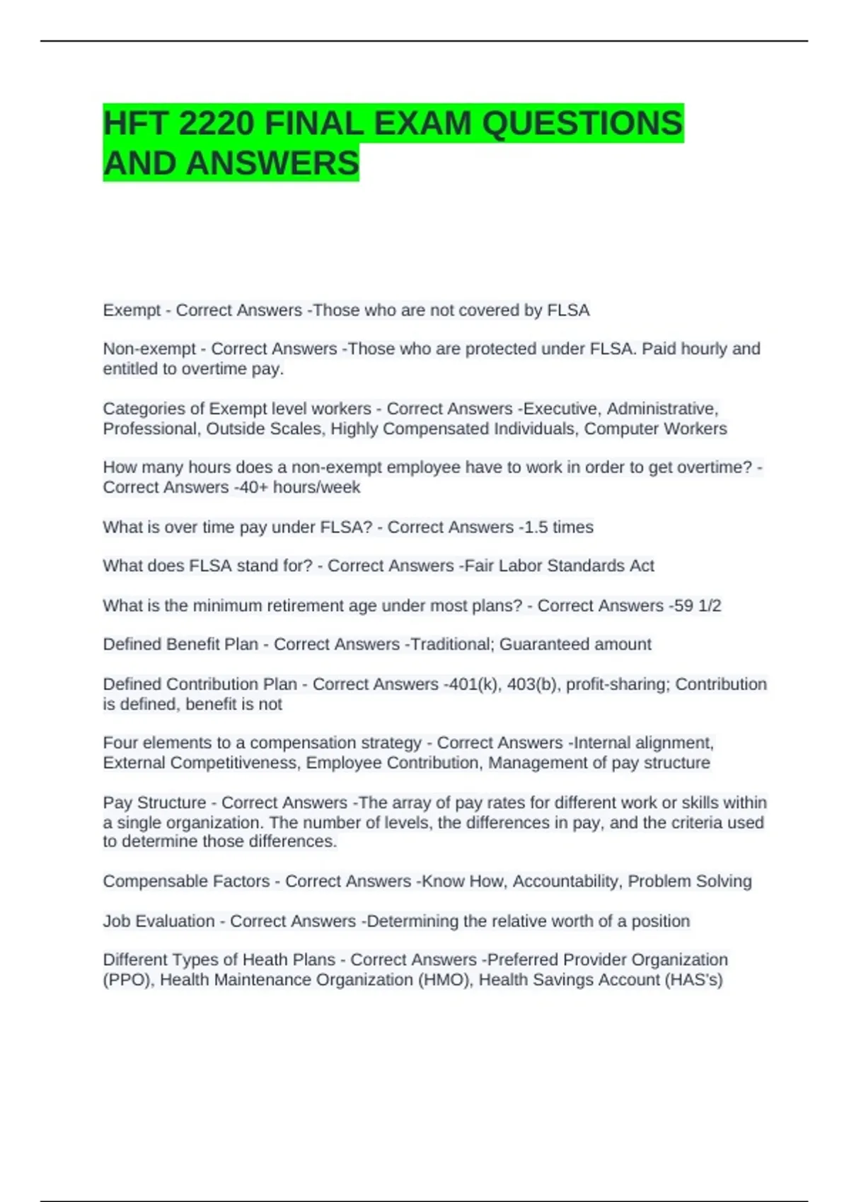 HFT 2220 FINAL EXAM QUESTIONS AND ANSWERS - HFT 2220 - Stuvia US