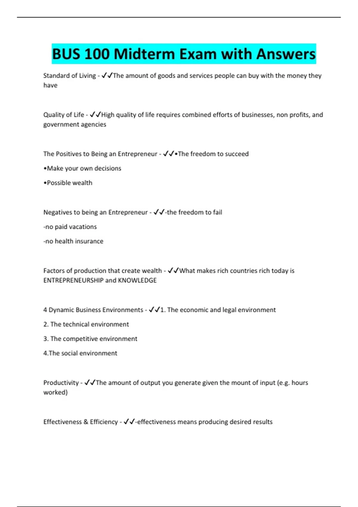 BUS 100 Midterm Exam Package - Stuvia US