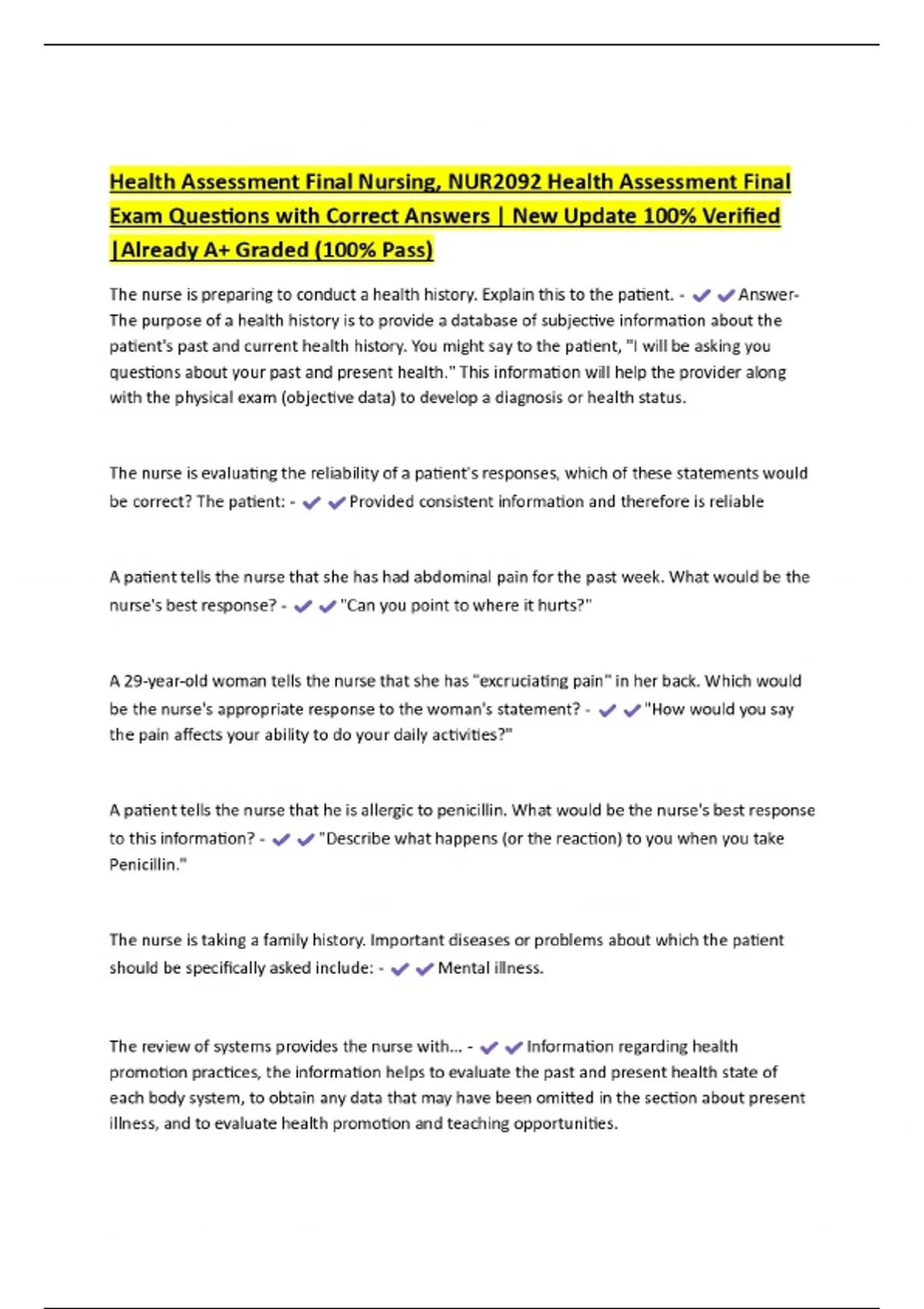 Health Assessment Final Nursing, NUR2092 Health Assessment Final Exam ...