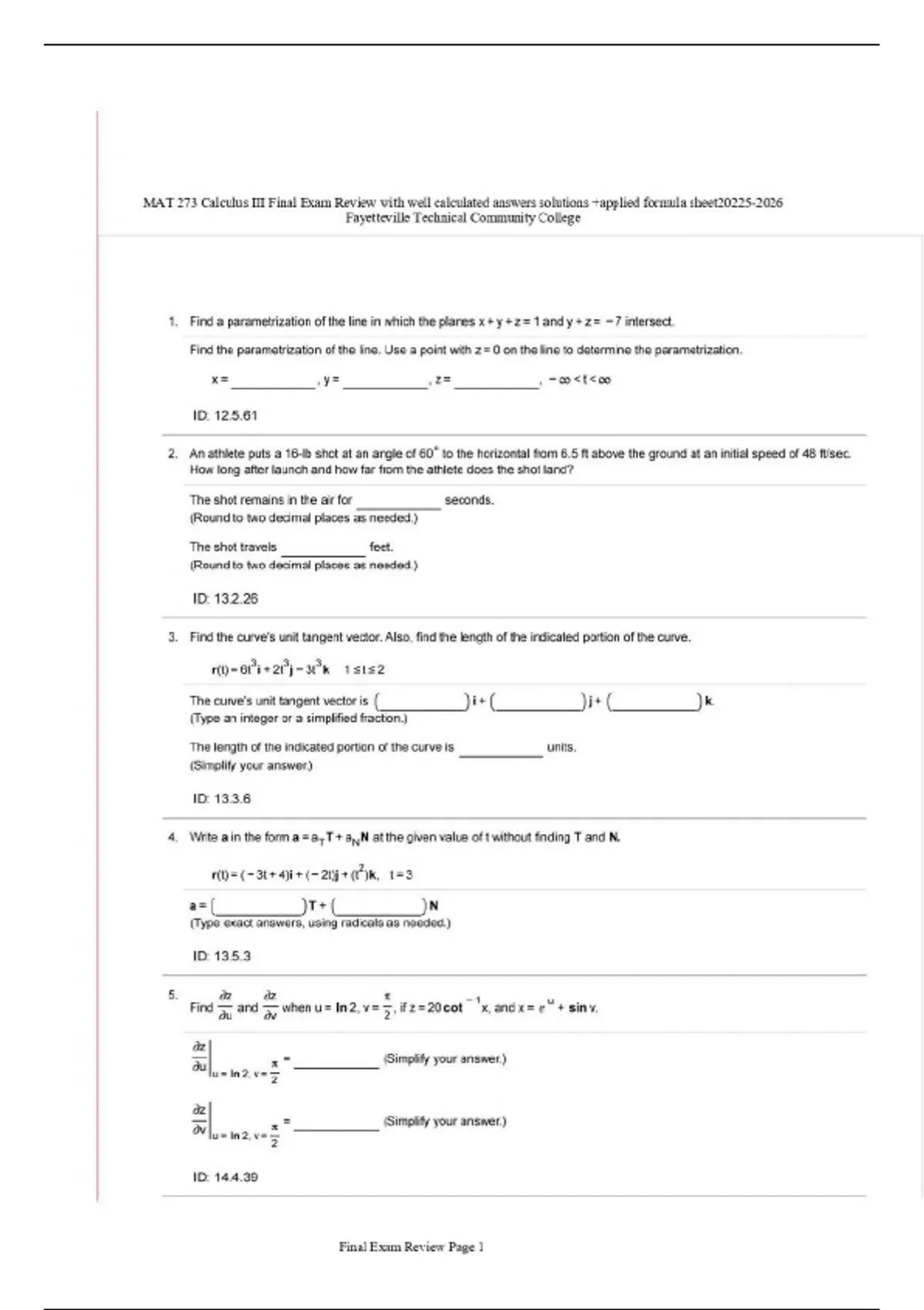 MAT 273 Calculus III Final Exam Review with well calculated answers ...
