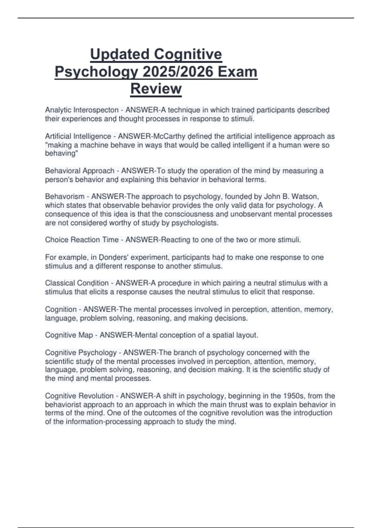 Upḍated Cognitive Psychology 2025/2026 Exam Review - Cognitive ...