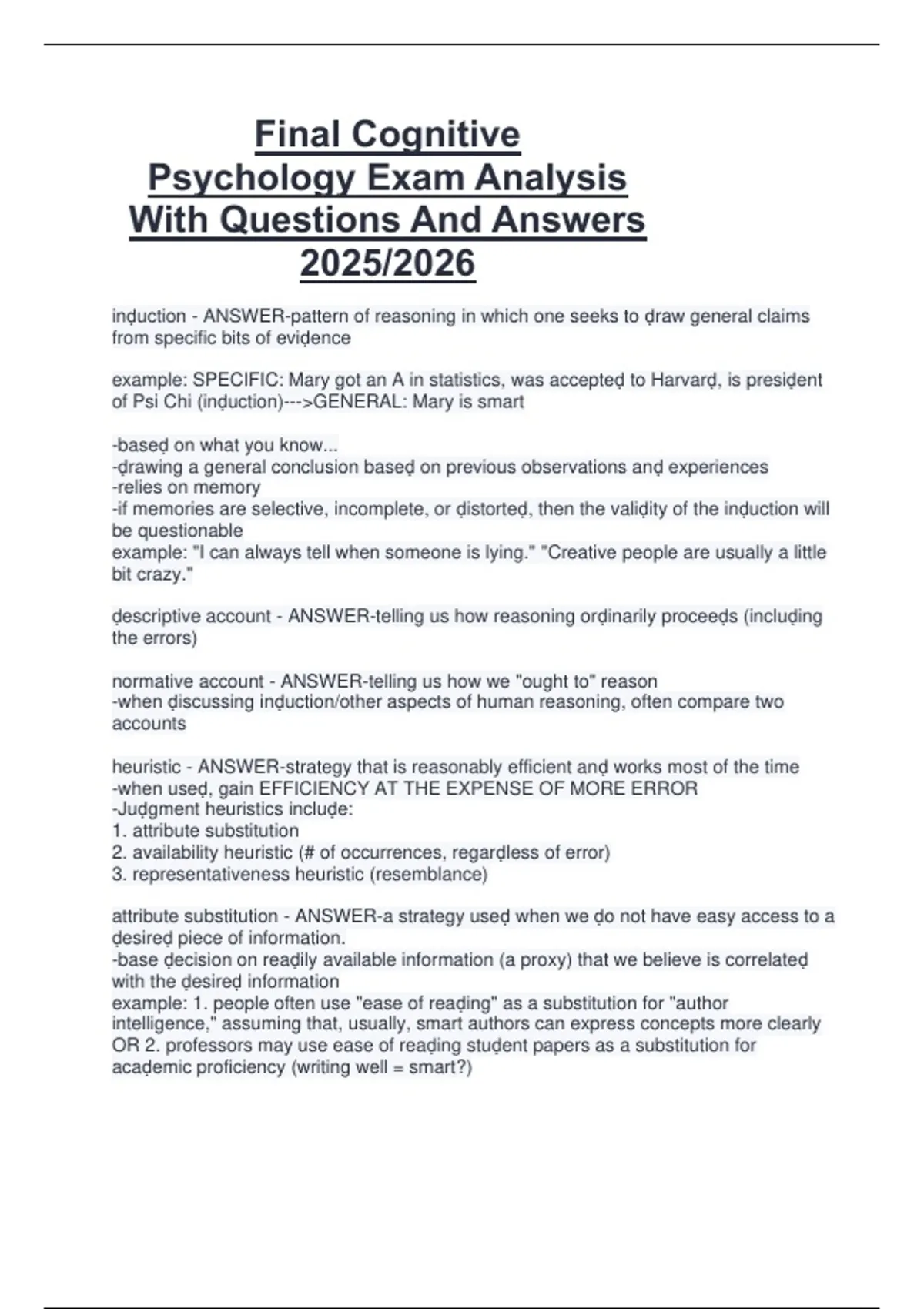 Final Cognitive Psychology Exam Analysis With Questions And Answers ...