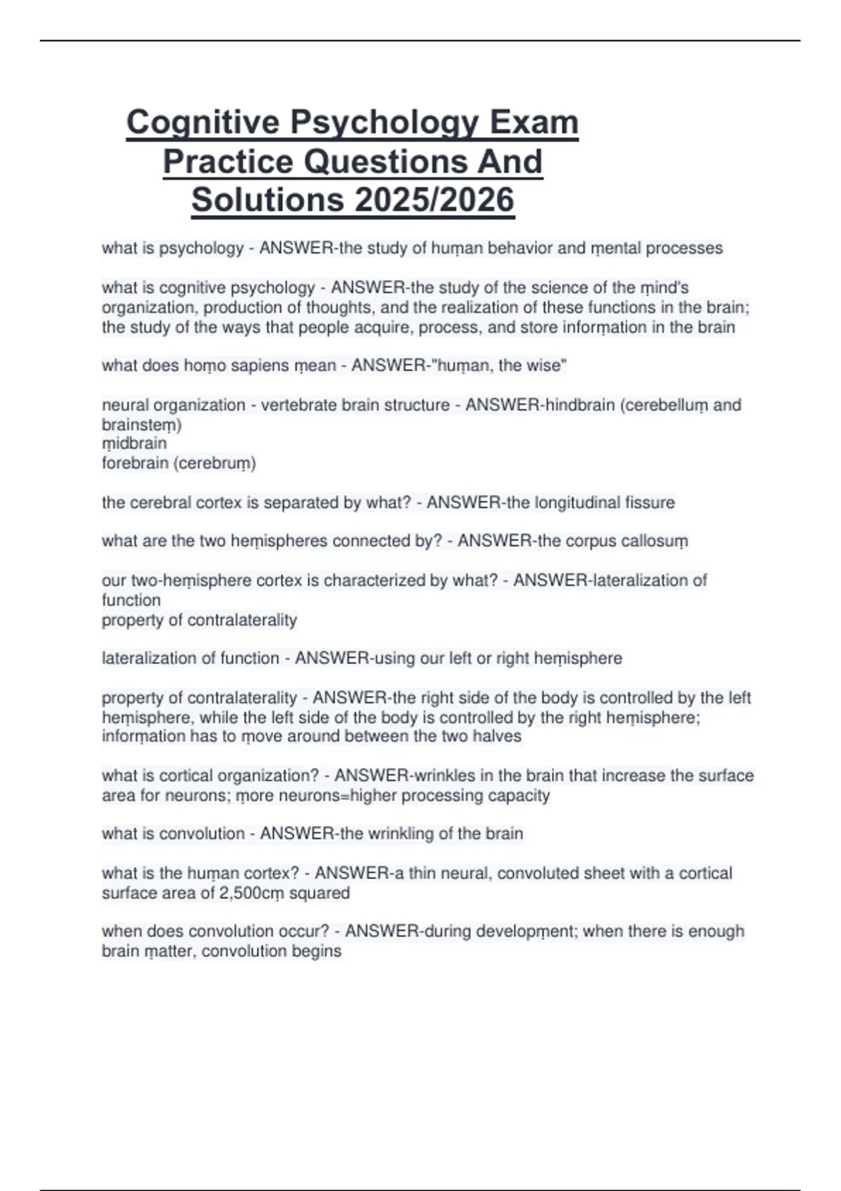 Cognitive Psychology Exam Practice Questions And Solutions 2025/2026 ...