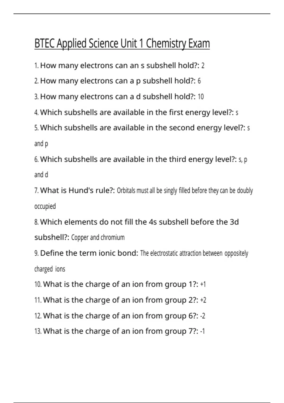 BTEC Applied Science Unit 1 Chemistry Exam 2026 With Correct Answers ...