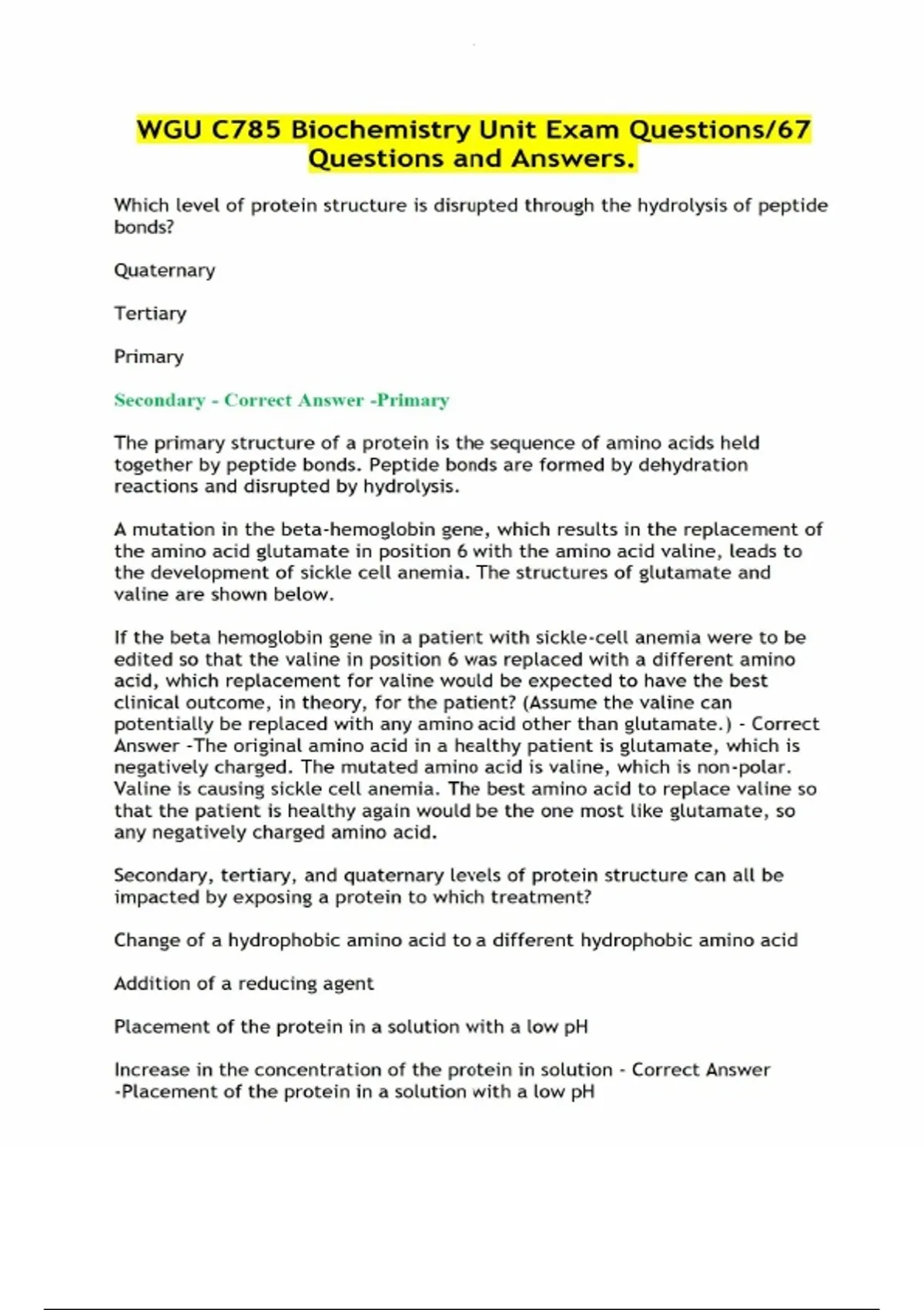 WGU C785 Biochemistry Unit Exam Questions & Answers Latest 2024/2025 ...