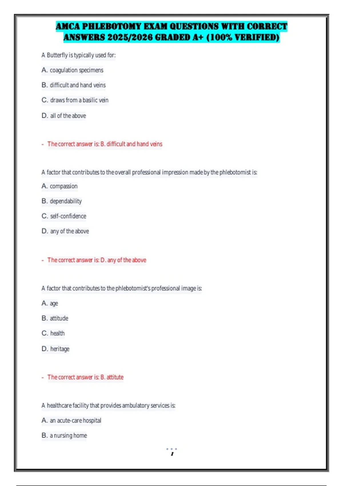 AMCA PHLEBOTOMY EXAM QUESTIONS WITH CORRECT ANSWERS 2025/2026 GRADED A+ ...