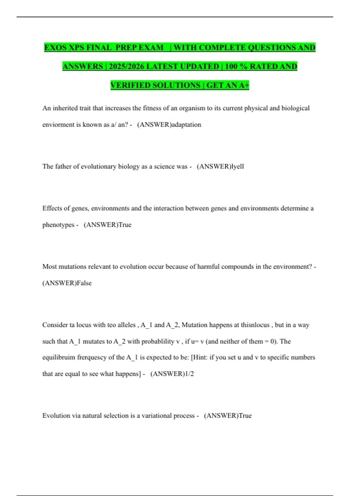 EXOS XPS FINAL PREP EXAM | WITH COMPLETE QUESTIONS AND ANSWERS | 2025/ ...