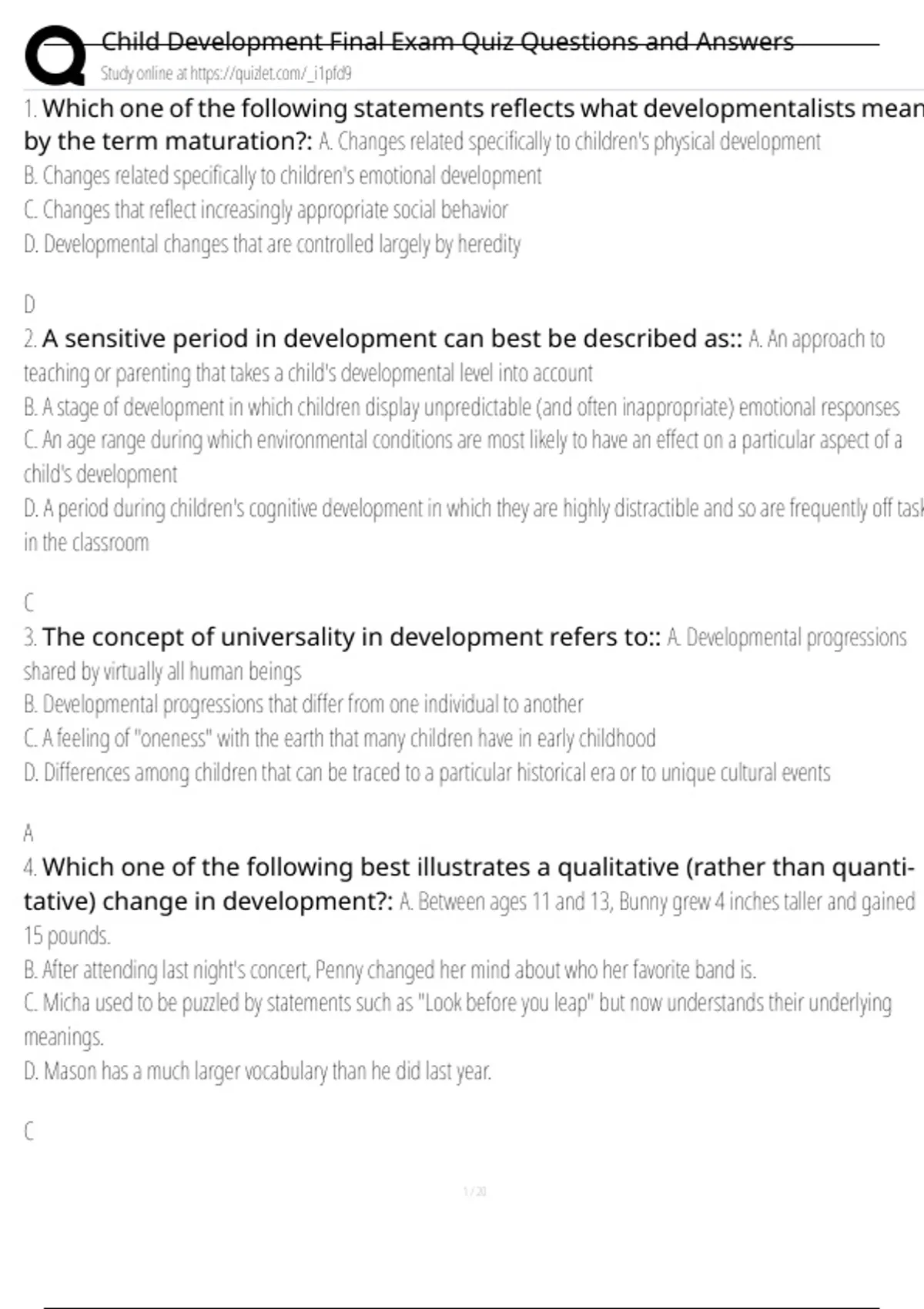Child Development Final Exam Quiz Questions and Answers - PSY 302 ...
