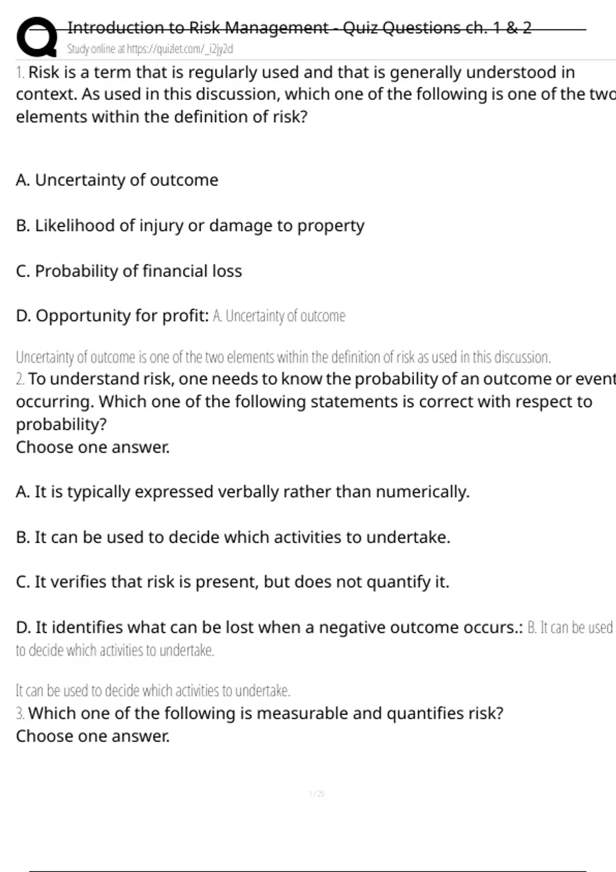 Introduction to Risk Management - Quiz Questions ch. 1 & 2 Exam ...