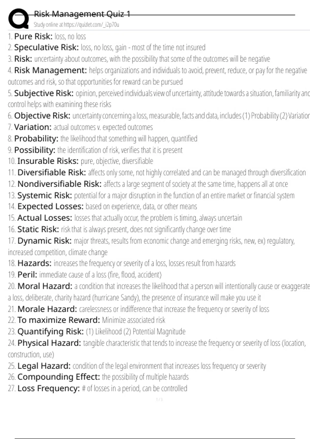Risk Management Quiz 1 Exam Questions and Answers 100% Pass |Already ...