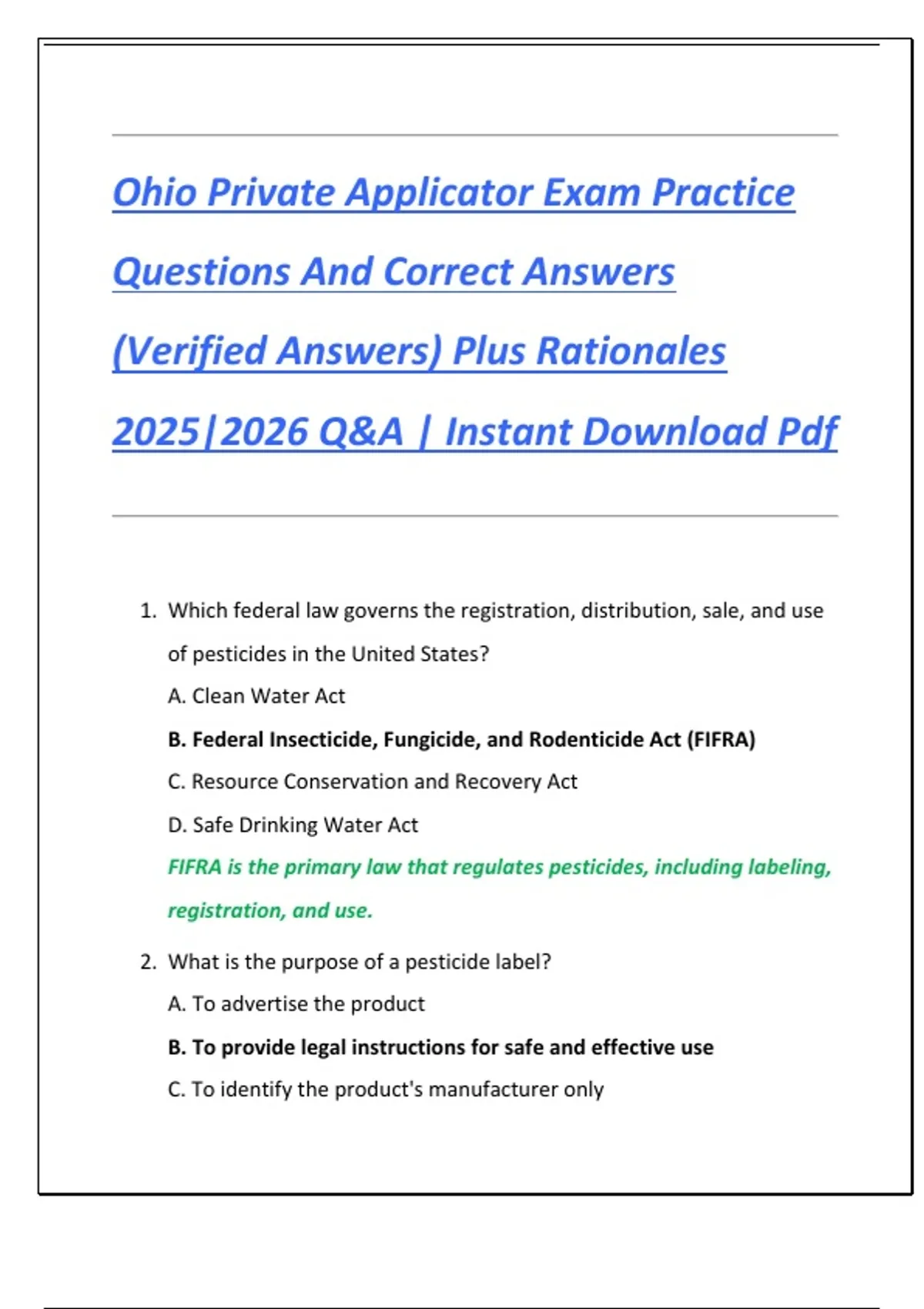 Ohio Private Applicator Exam Practice Questions And Correct Answers ...