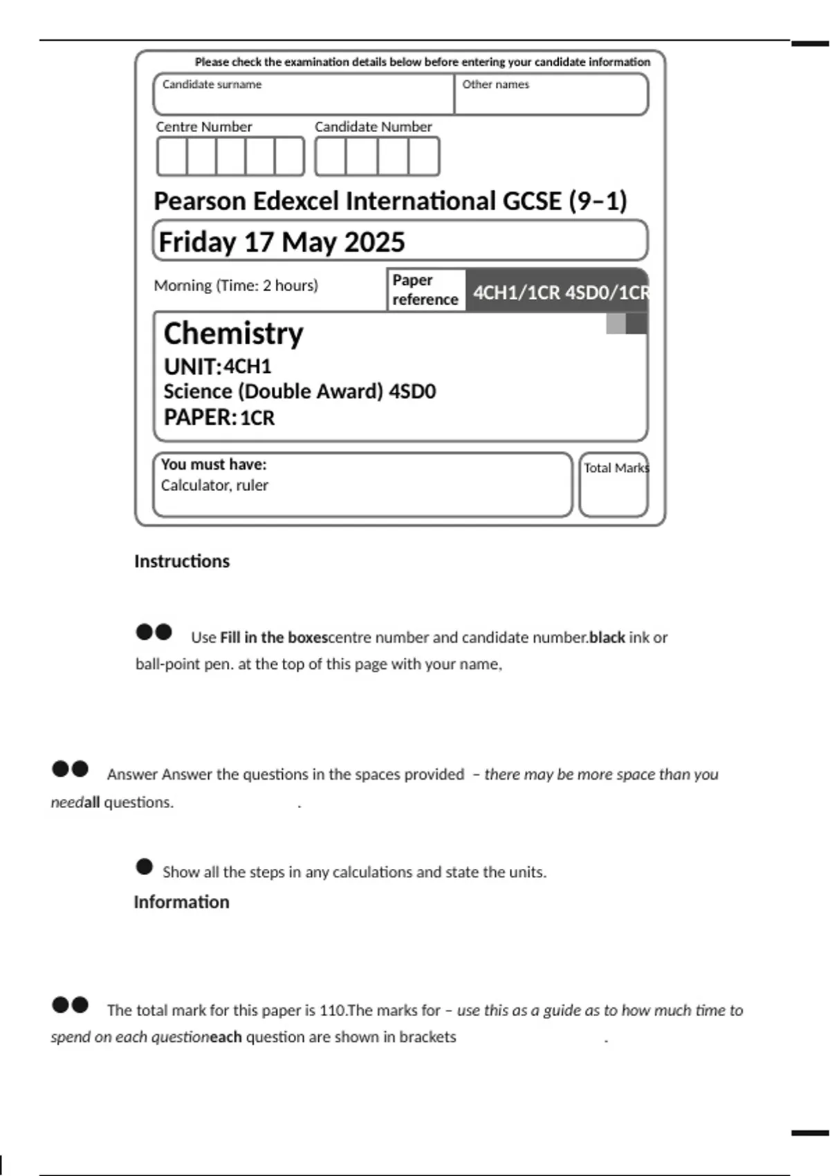 Edexcel IGCSE Chemistry – Paper 1CR (4CH1/1CR) May 2025 Full Question ...