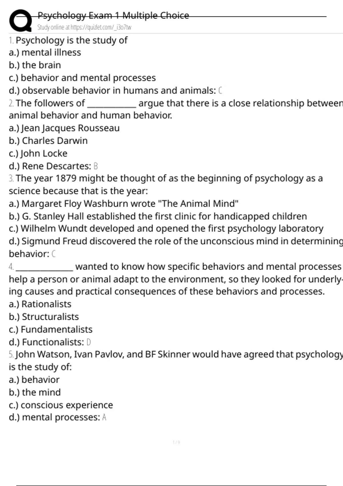 Psychology Exam 1 Multiple Choice Exam Questions and Answers 100% Pass ...