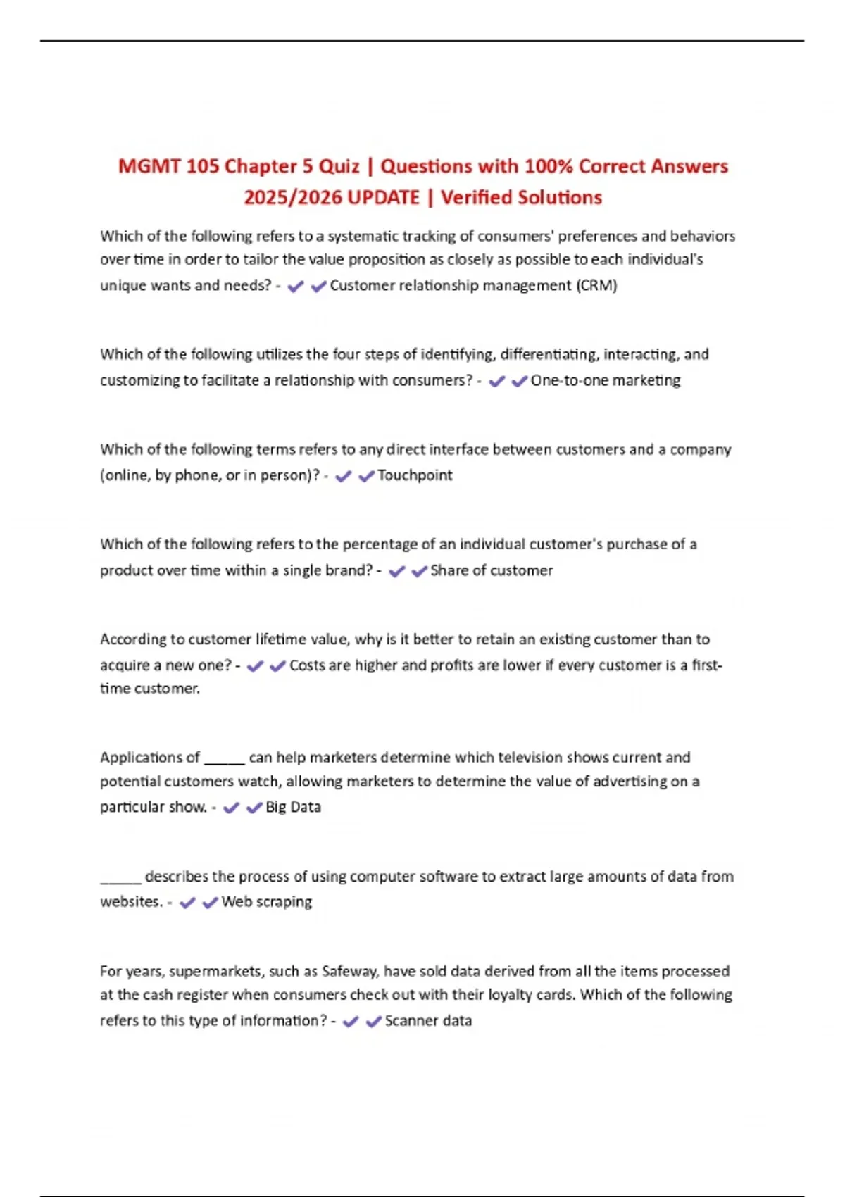 MGMT 105 Chapter 5 Quiz | Questions with 100% Correct Answers 2025/2026 ...