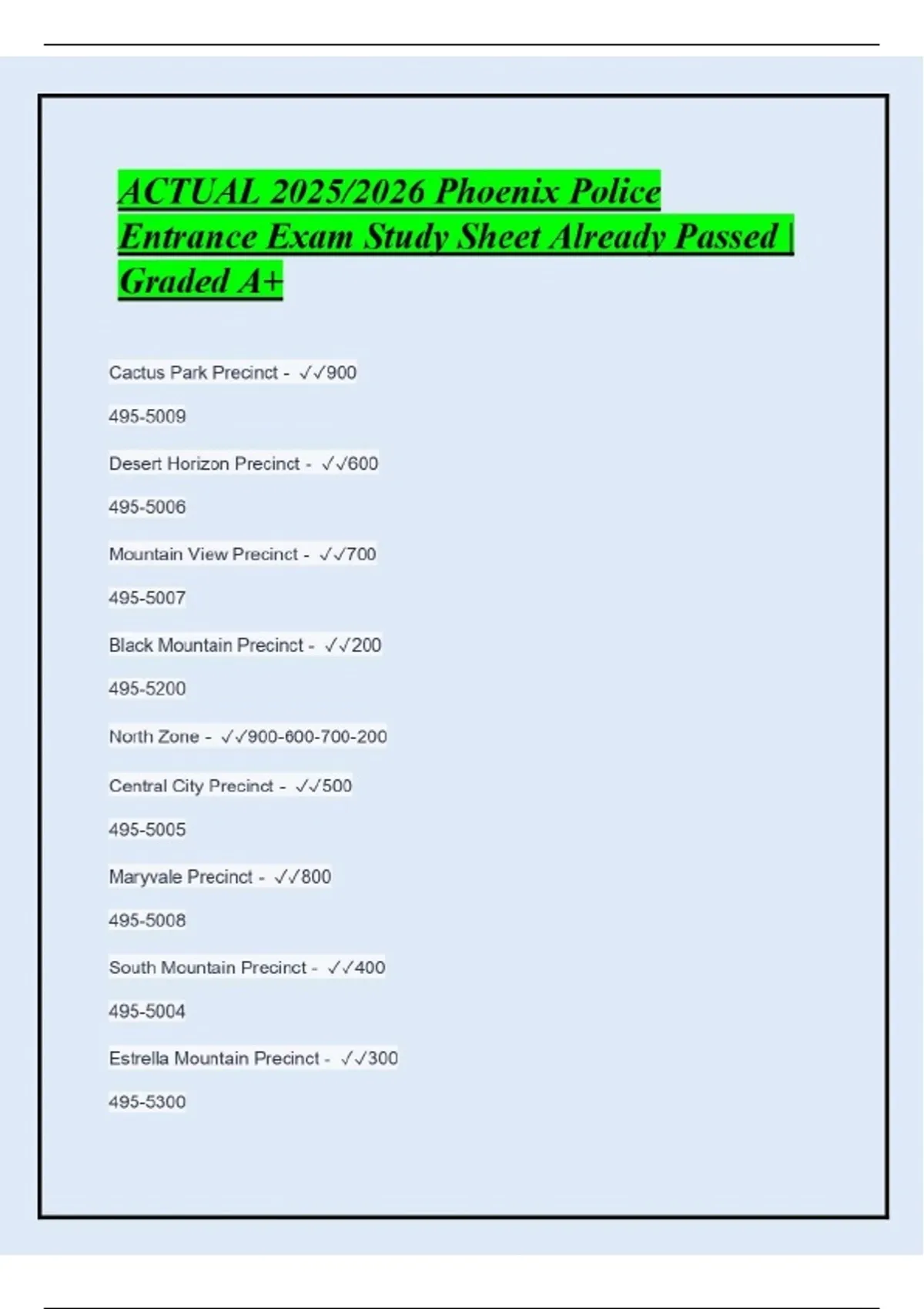 ACTUAL 2025/2026 Phoenix Police Entrance Exam Study Sheet Already ...