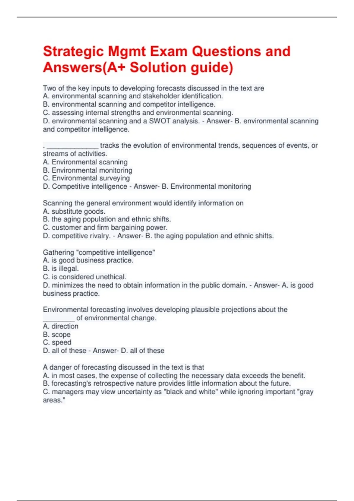 Strategic Mgmt Exam Questions and Answers(A+ Solution guide ...