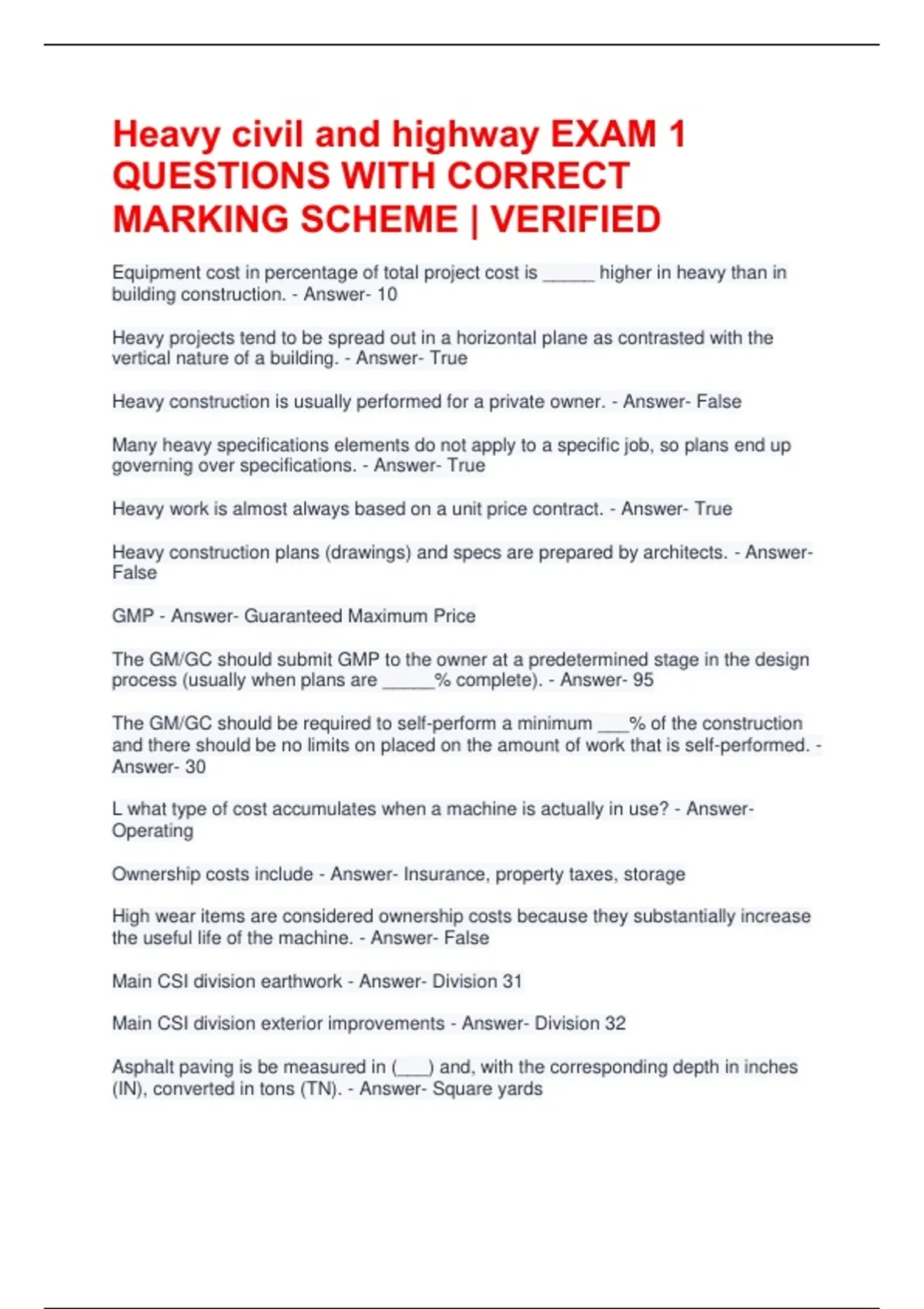 Heavy civil and highway EXAM 1 QUESTIONS WITH CORRECT MARKING SCHEME ...
