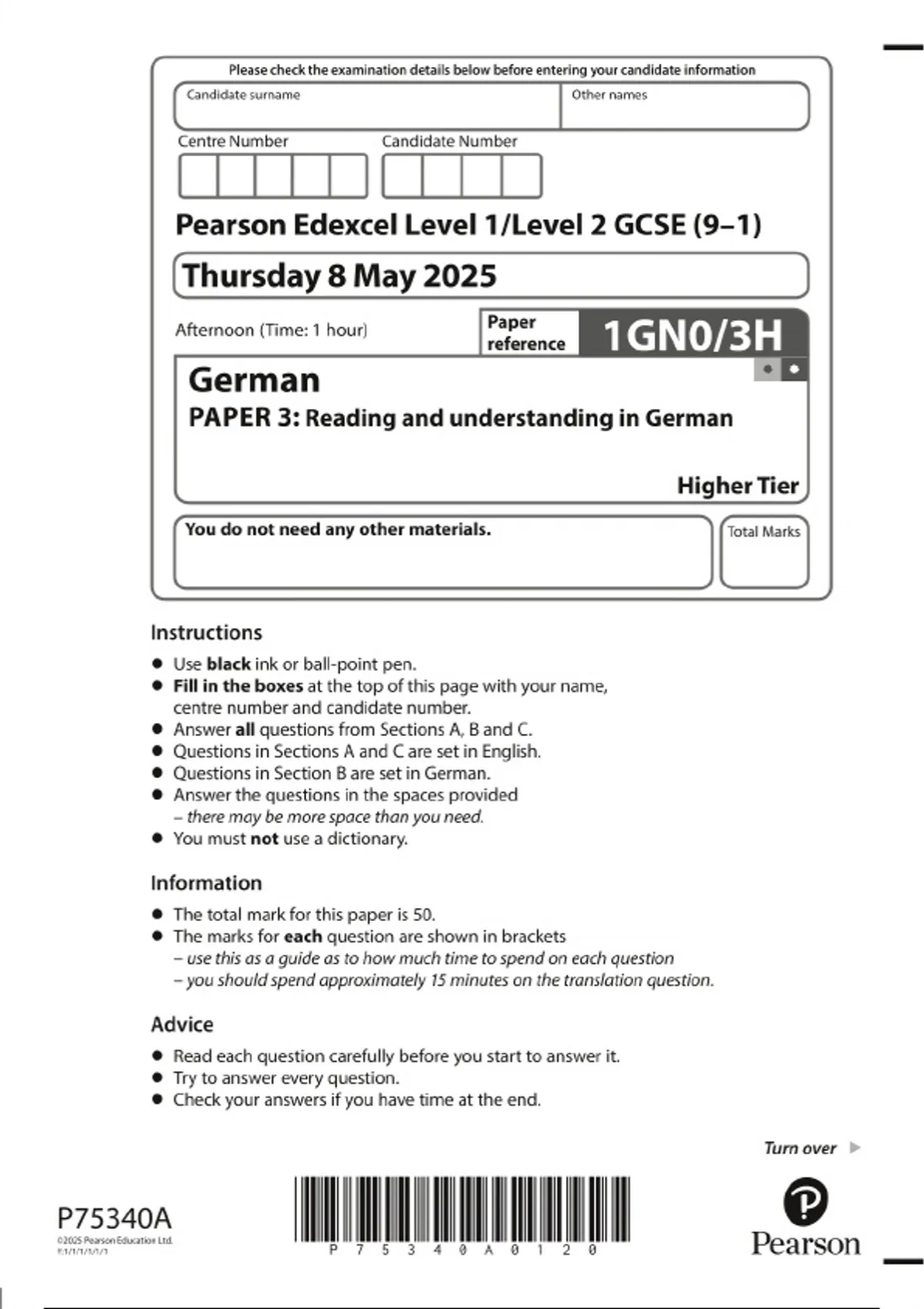 2025 Pearson Edexcel Level 1/2 German PAPER 3 QUESTION PAPER : Reading ...