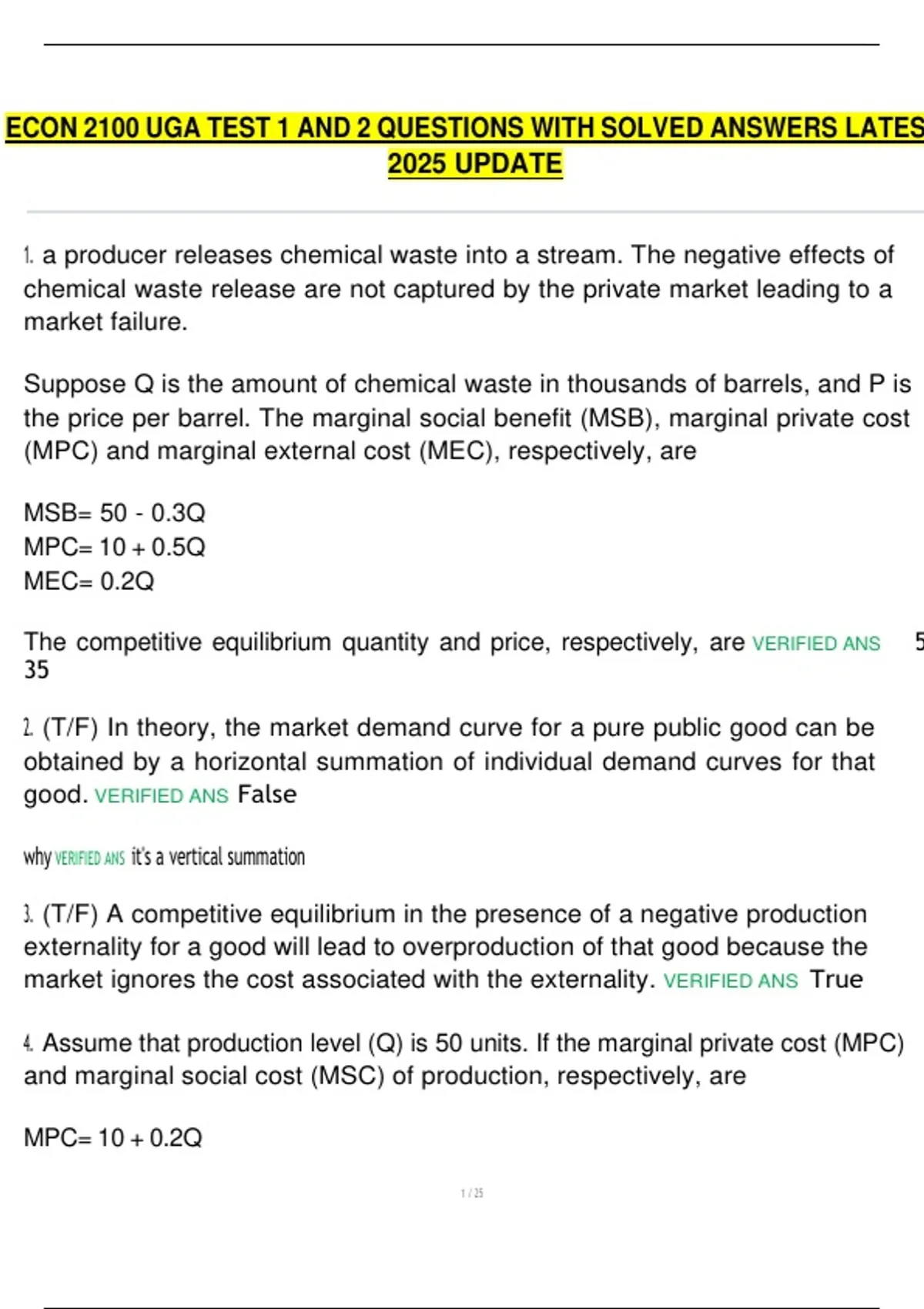 ECON 2100 UGA TEST 1 AND 2 QUESTIONS WITH SOLVED ANSWERS LATEST 2025 ...