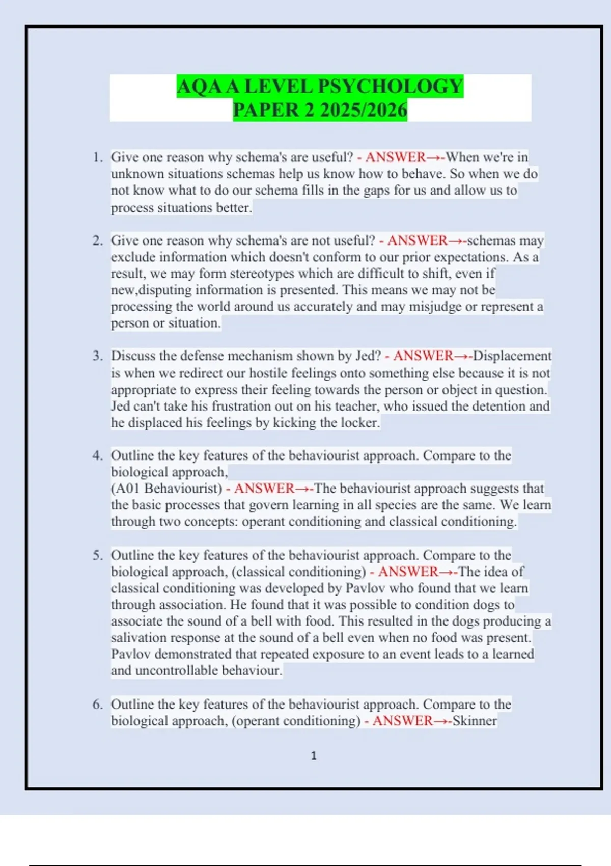 AQA A-Level Psychology Paper 2 2025/2026: Key Questions & Answers on Approaches, Biopsychology ...