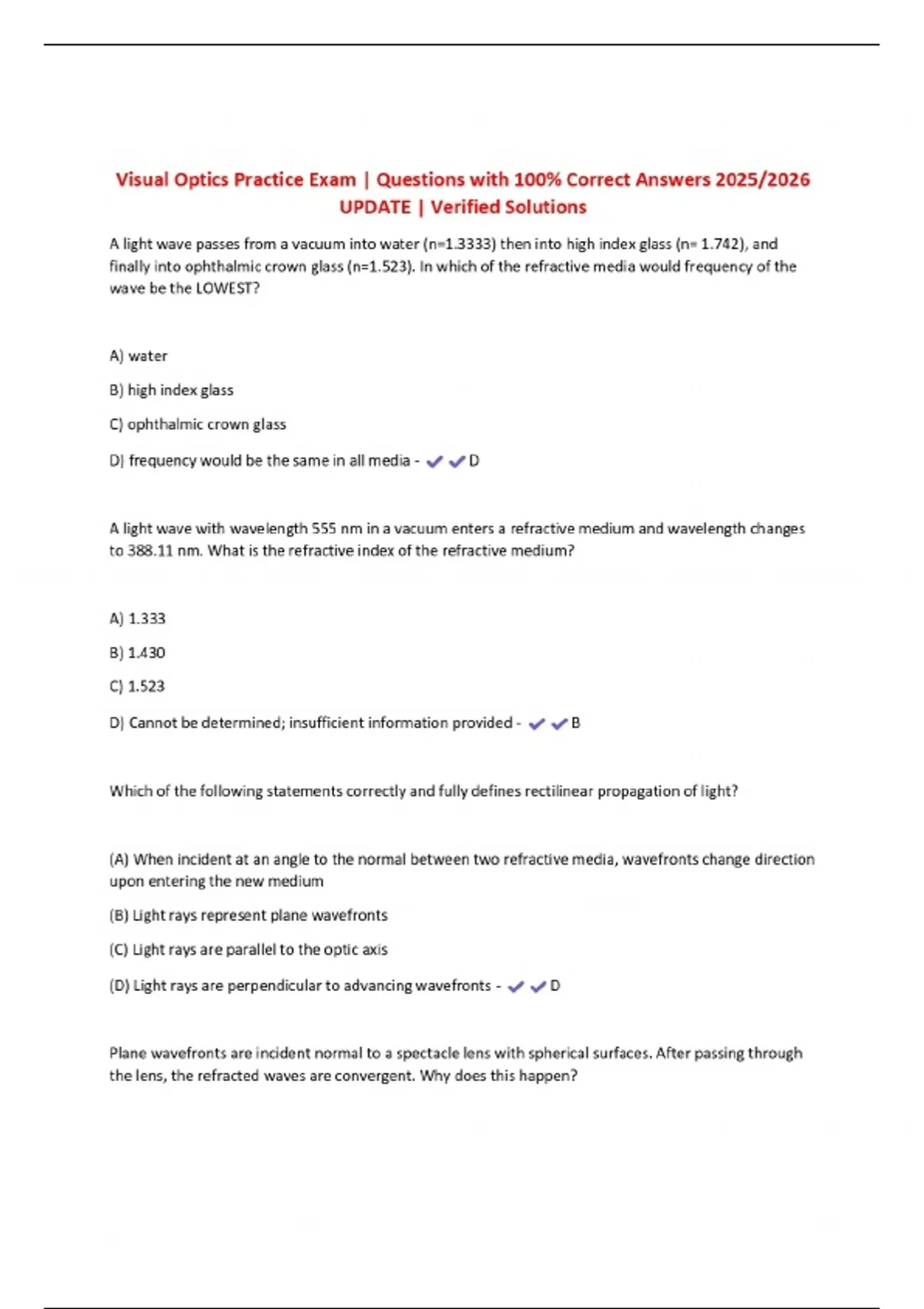 Visual Optics Practice Exam | Questions with 100% Correct Answers 2025/ ...