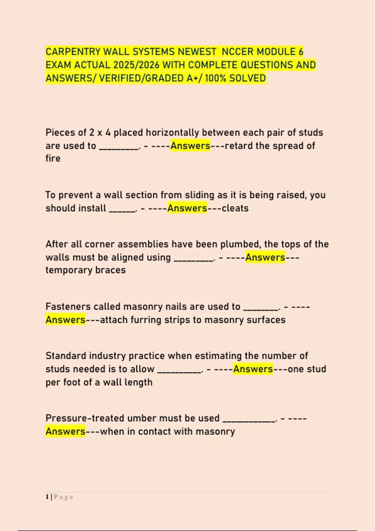 CARPENTRY WALL SYSTEMS NEWEST NCCER MODULE 6 EXAM ACTUAL 2025/2026 WITH ...