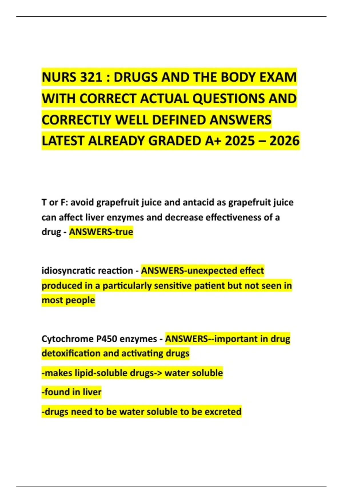 NURS 321 : DRUGS AND THE BODY EXAM WITH CORRECT ACTUAL QUESTIONS AND ...