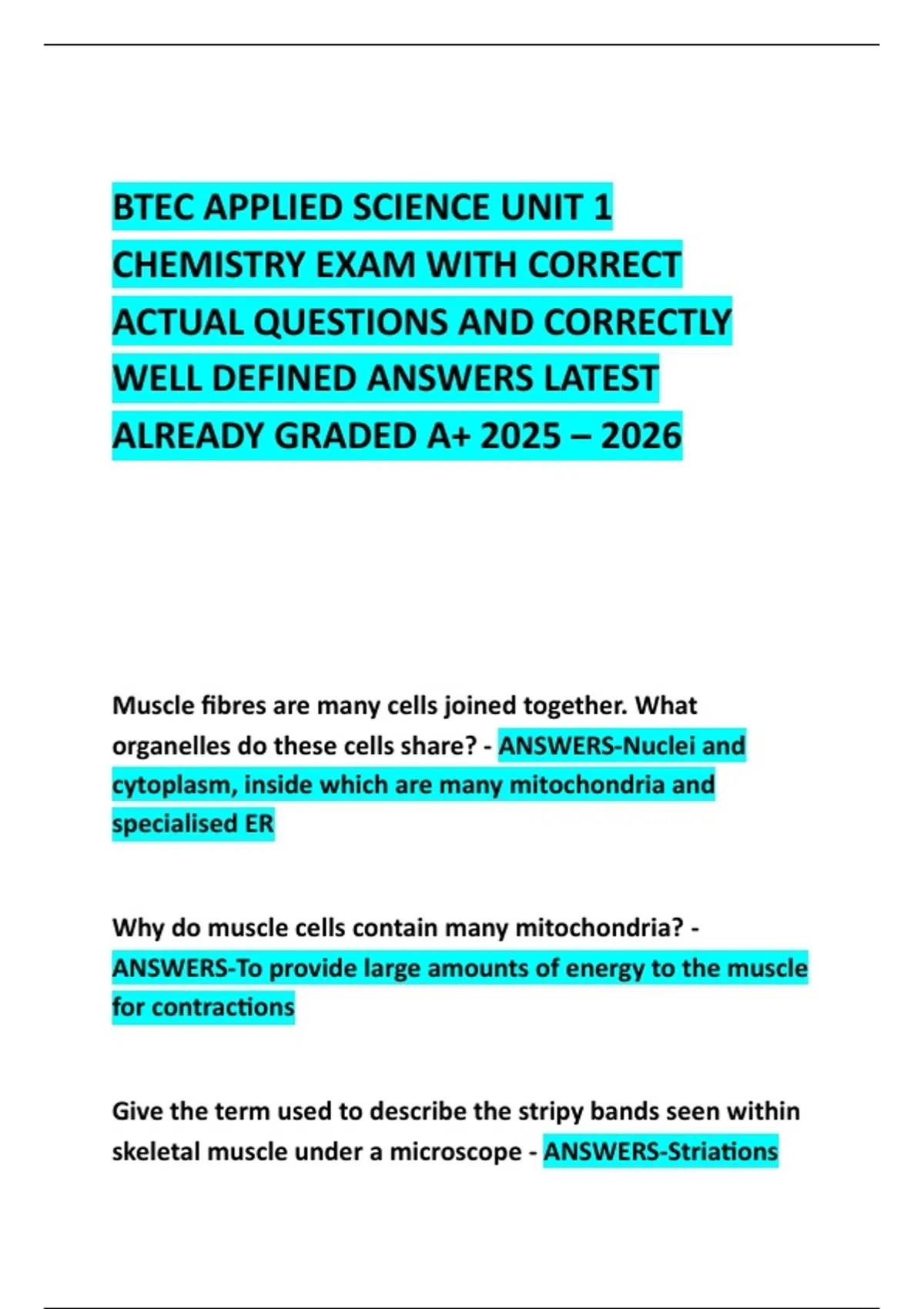 BTEC APPLIED SCIENCE UNIT 1 CHEMISTRY EXAM WITH CORRECT ACTUAL ...