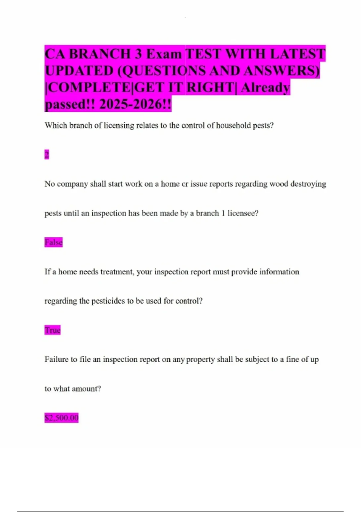 CA BRANCH 3 Exam TEST WITH LATEST UPDATED (QUESTIONS AND ANSWERS ...