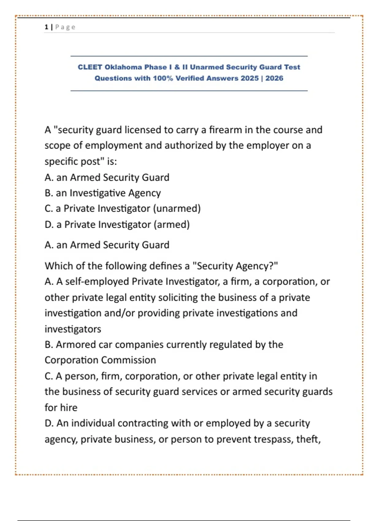 CLEET Oklahoma Phase I & II Unarmed Security Guard Test Questions with ...