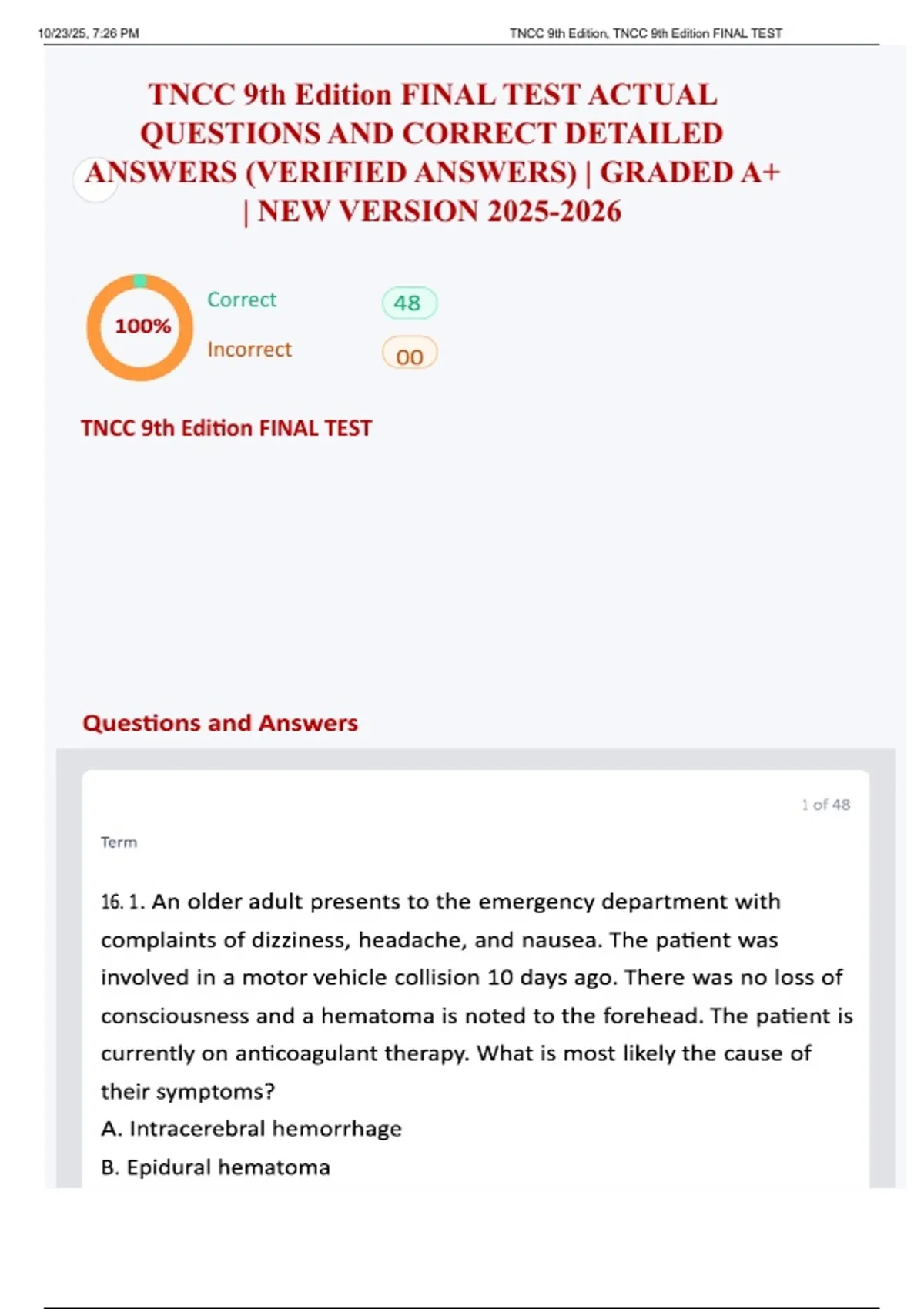 TNCC 9th Edition FINAL TEST ACTUAL QUESTIONS AND CORRECT DETAILED ...