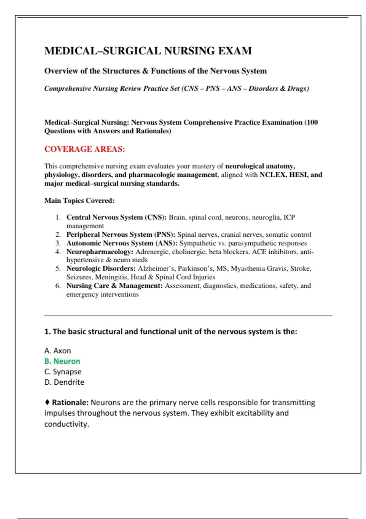 MEDICAL–SURGICAL NURSING EXAM Overview of the Structures & Functions of ...
