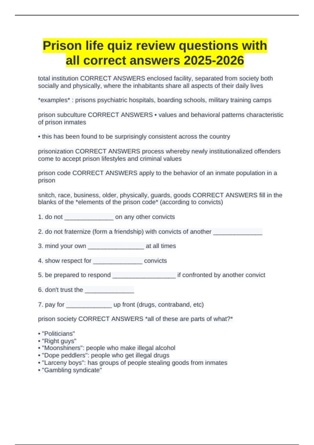 Prison life quiz review questions with all correct answers - Prison ...