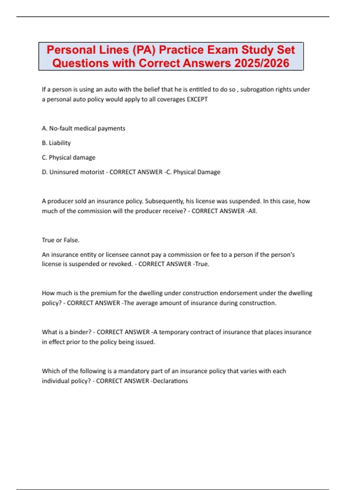 Personal Lines (PA) Practice Exam Study Set Questions with Correct ...