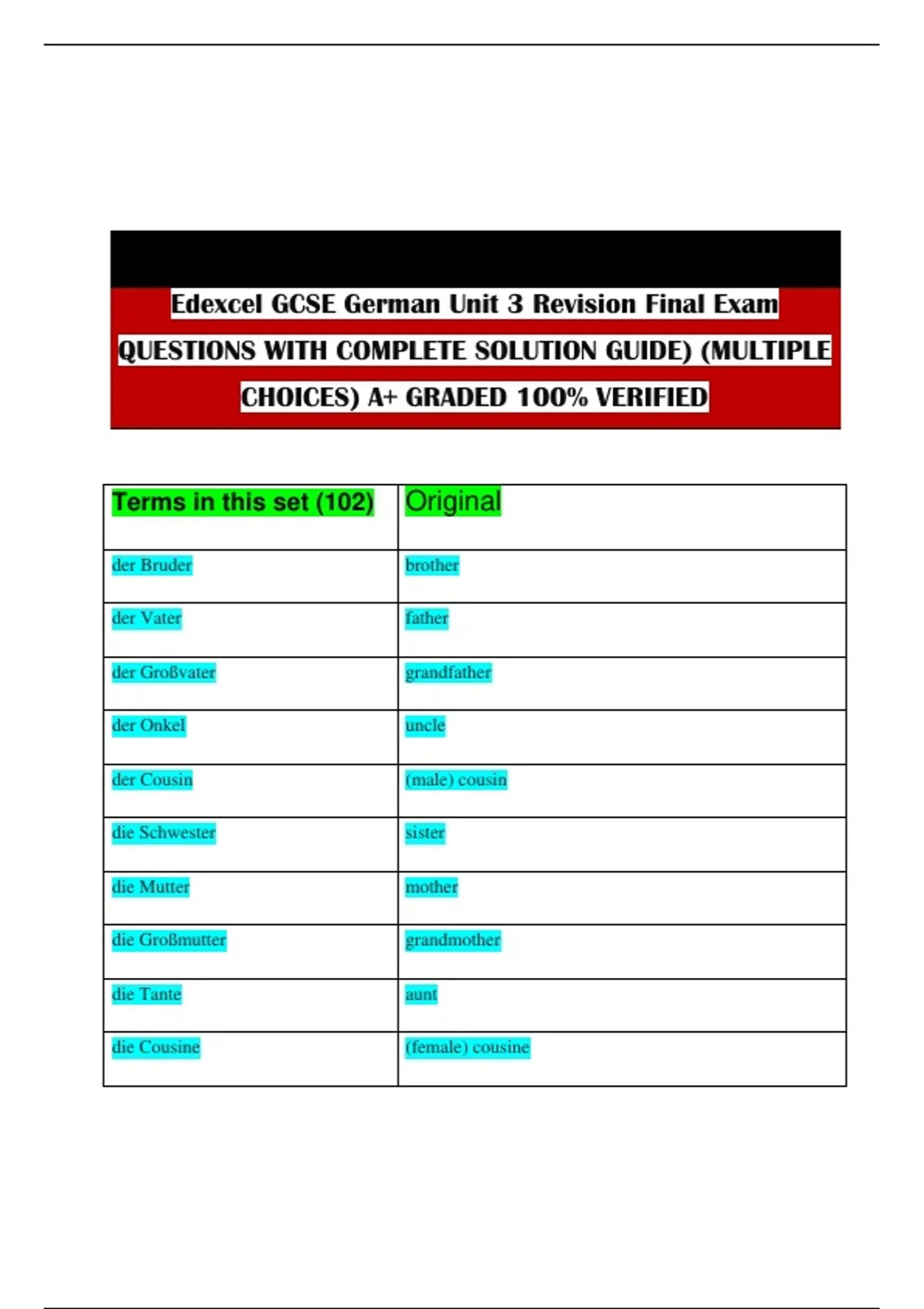 Edexcel GCSE German Unit 3 Revision Final Exam QUESTIONS WITH COMPLETE ...