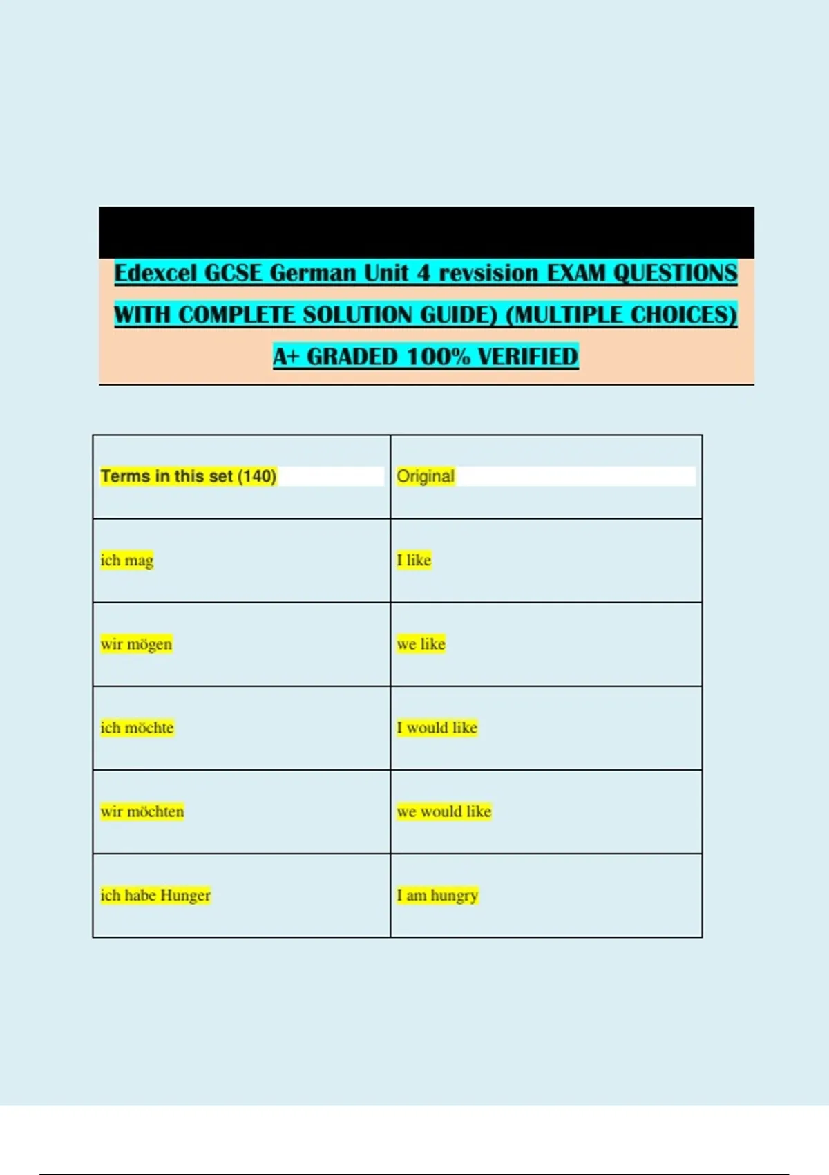 Edexcel GCSE German Unit 4 revsision EXAM QUESTIONS WITH COMPLETE ...