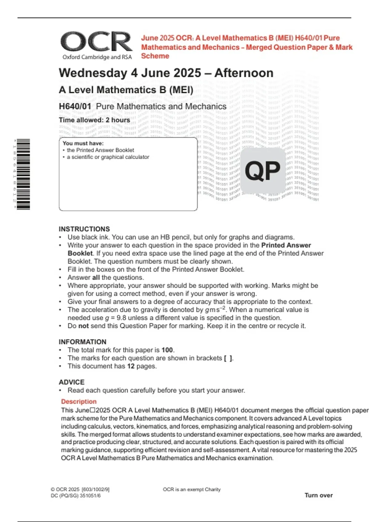 June 2025 OCR: A Level Mathematics B (MEI) H640/01 Pure Mathematics and ...