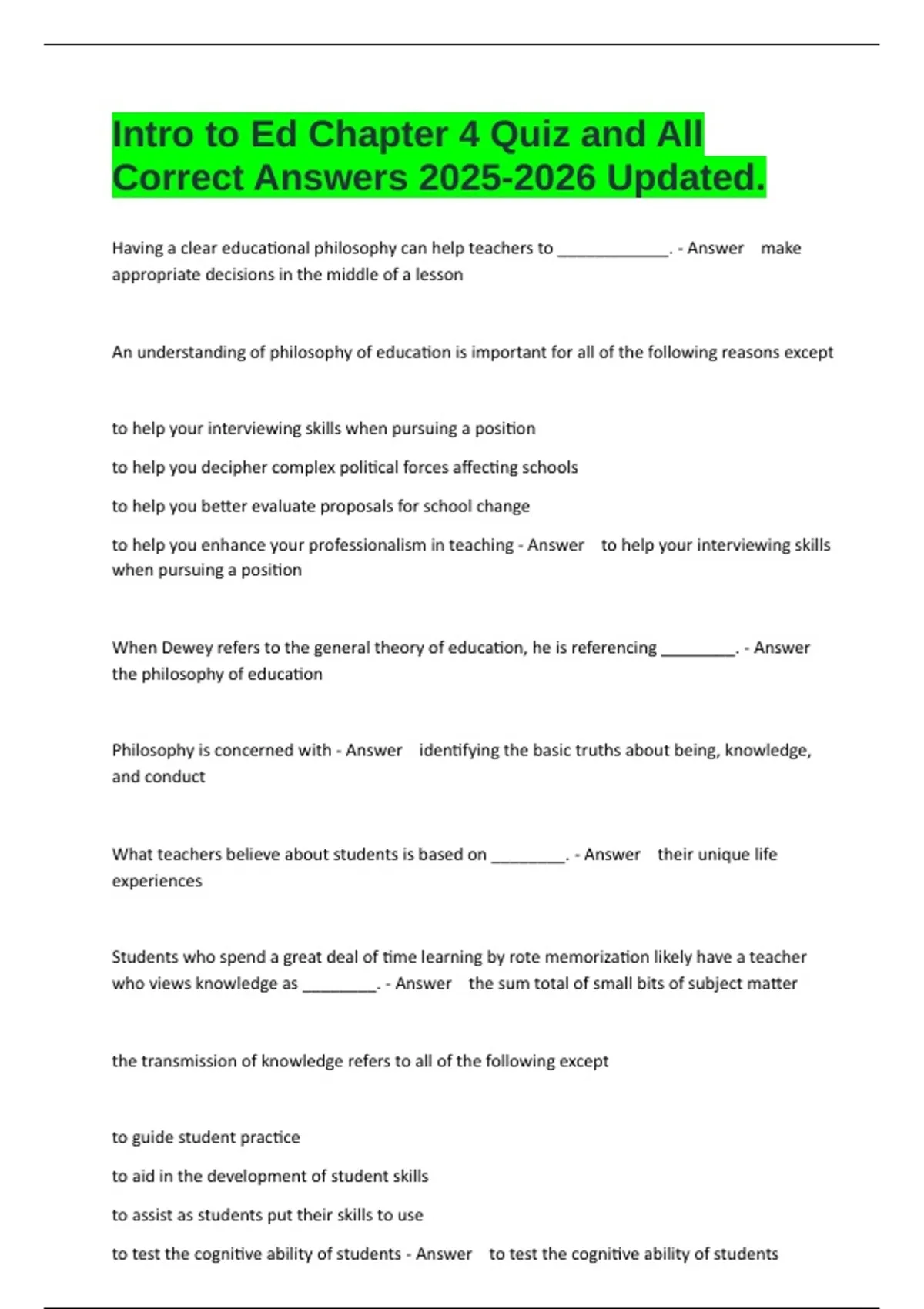 Intro to Ed Chapter 4 Quiz and All Correct Answers Updated ...