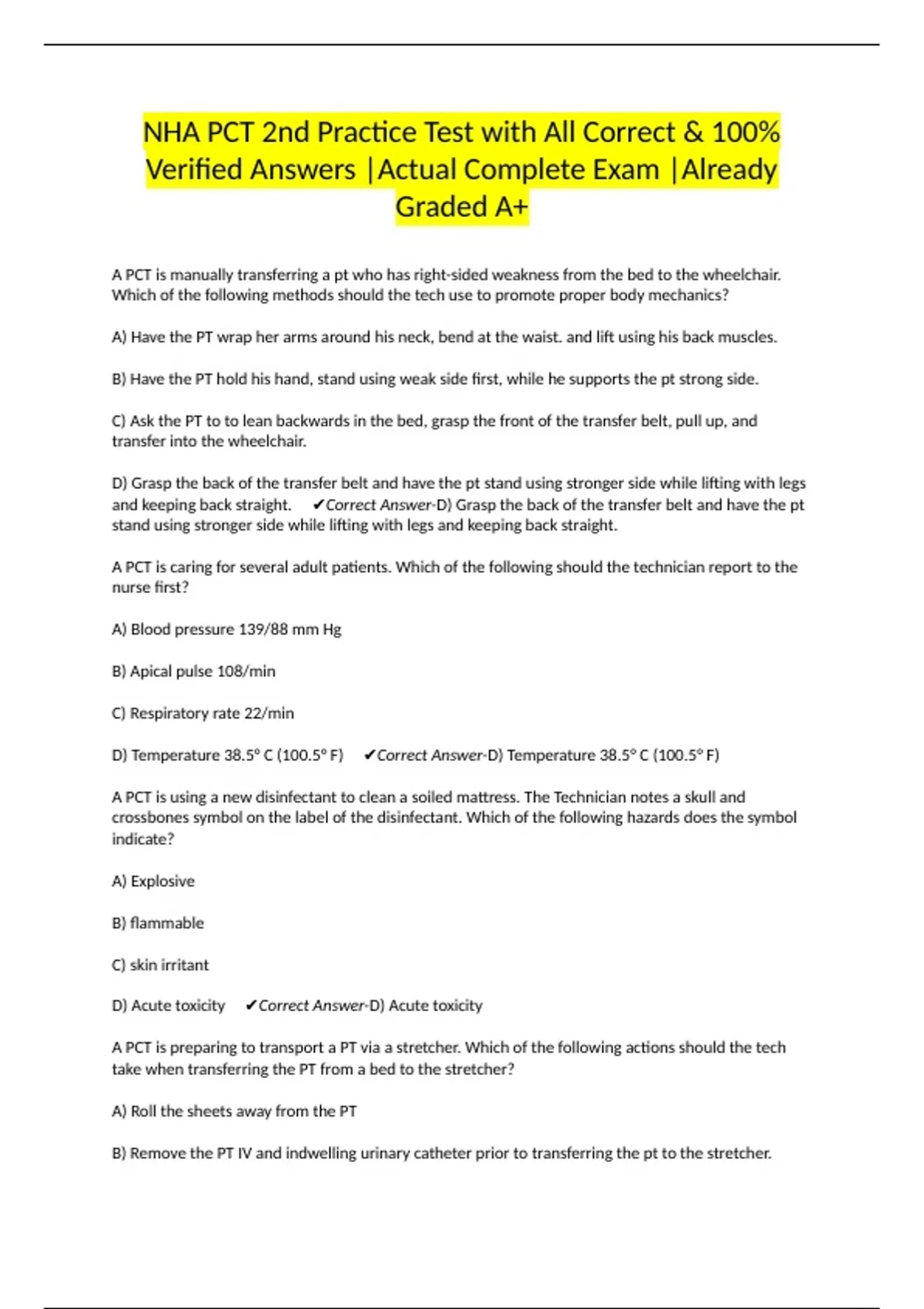 NHA PCT 2nd Practice Test with All Correct & 100% Verified Answers ...