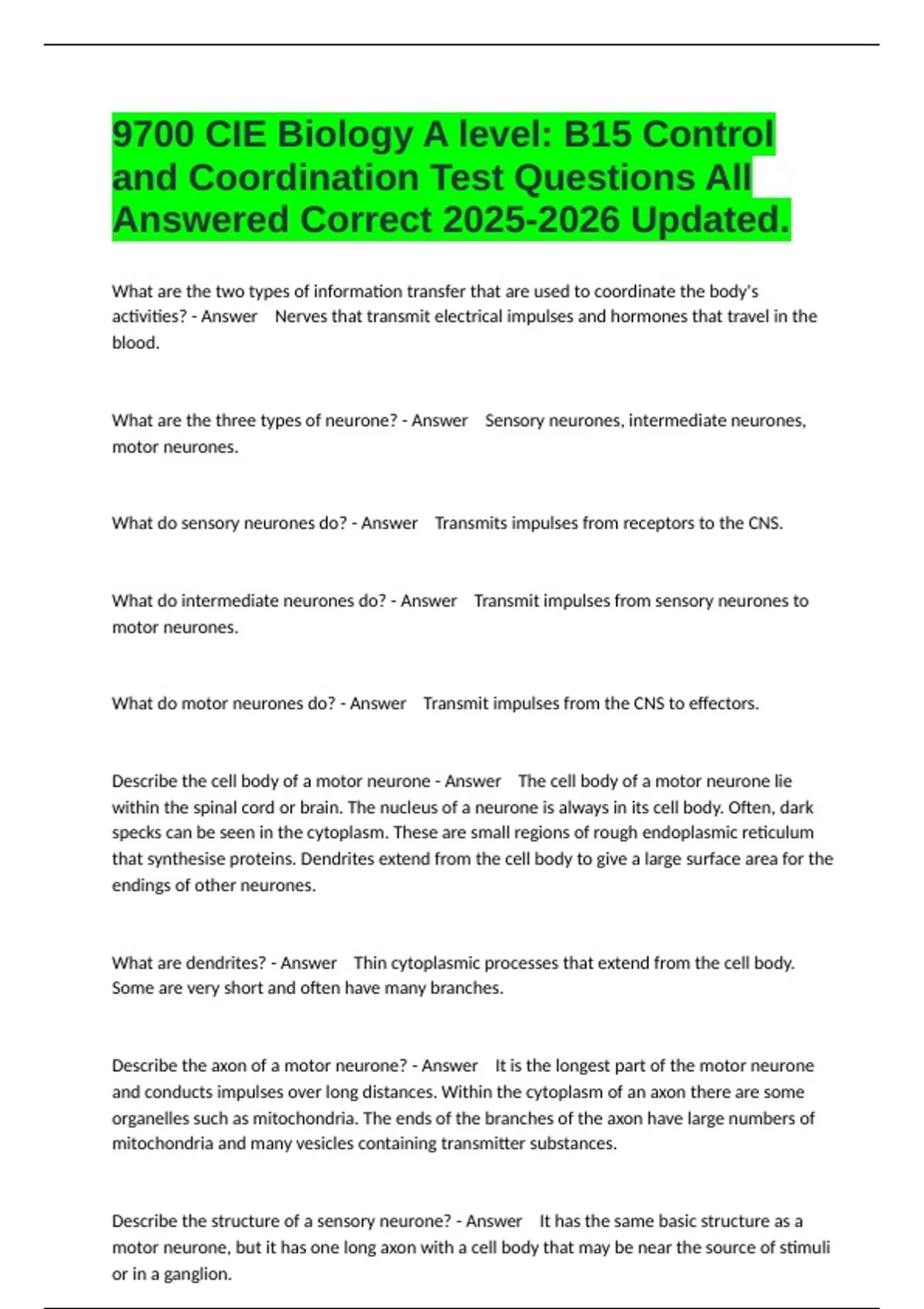 9700 CIE Biology A level: B15 Control and Coordination Test Questions ...