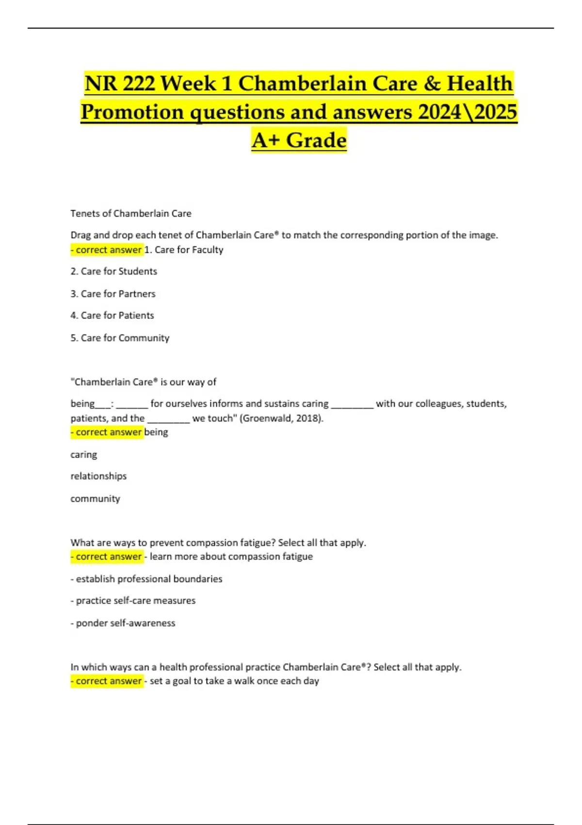 NR 222 Week 1 – Chamberlain Care and Health Promotion Questions with ...