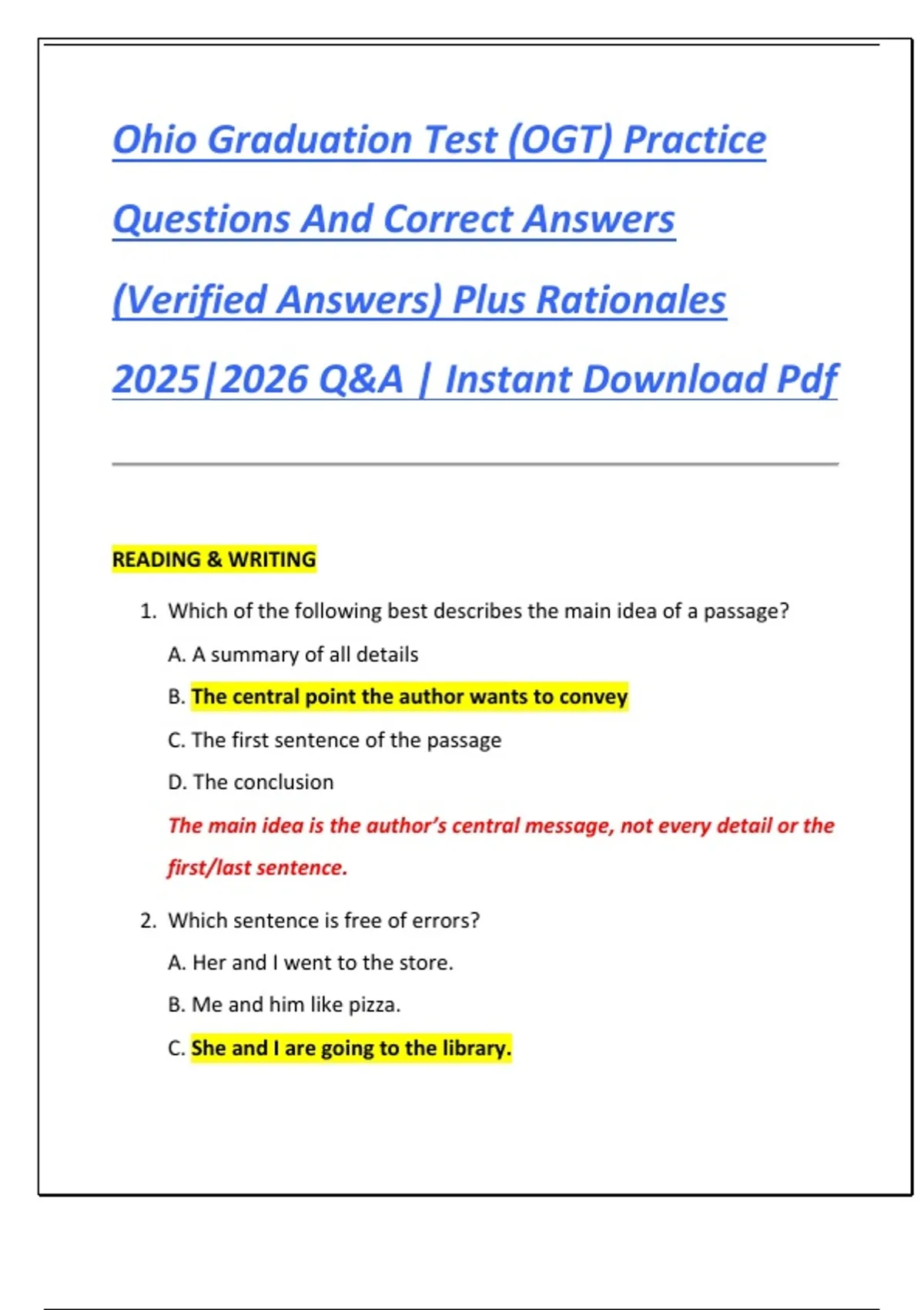 Ohio Graduation Test (OGT) Practice Questions And Correct Answers ...