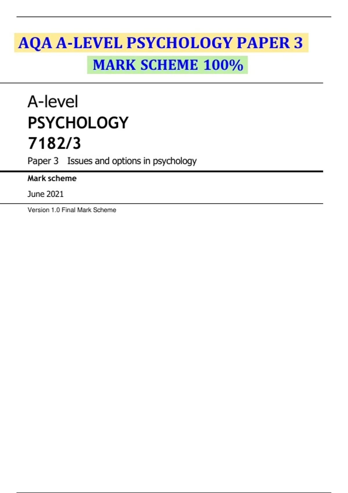 AQA A Level Psychology Paper 3 2026 | Mark Scheme & Answers 100% ...