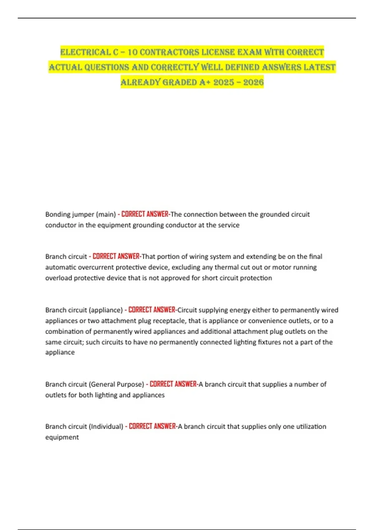 ELECTRICAL C – 10 CONTRACTORS LICENSE EXAM WITH CORRECT ACTUAL ...